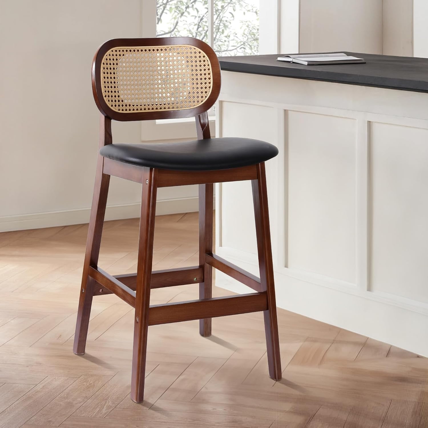 Rattan Bar Stools Counter Height Bar Stools, Faux Leather Upholstered ...