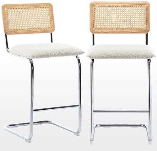 Rattan Bar Stools Set of 2, 30'' Upholstered Boucle Fabric Barstools ...