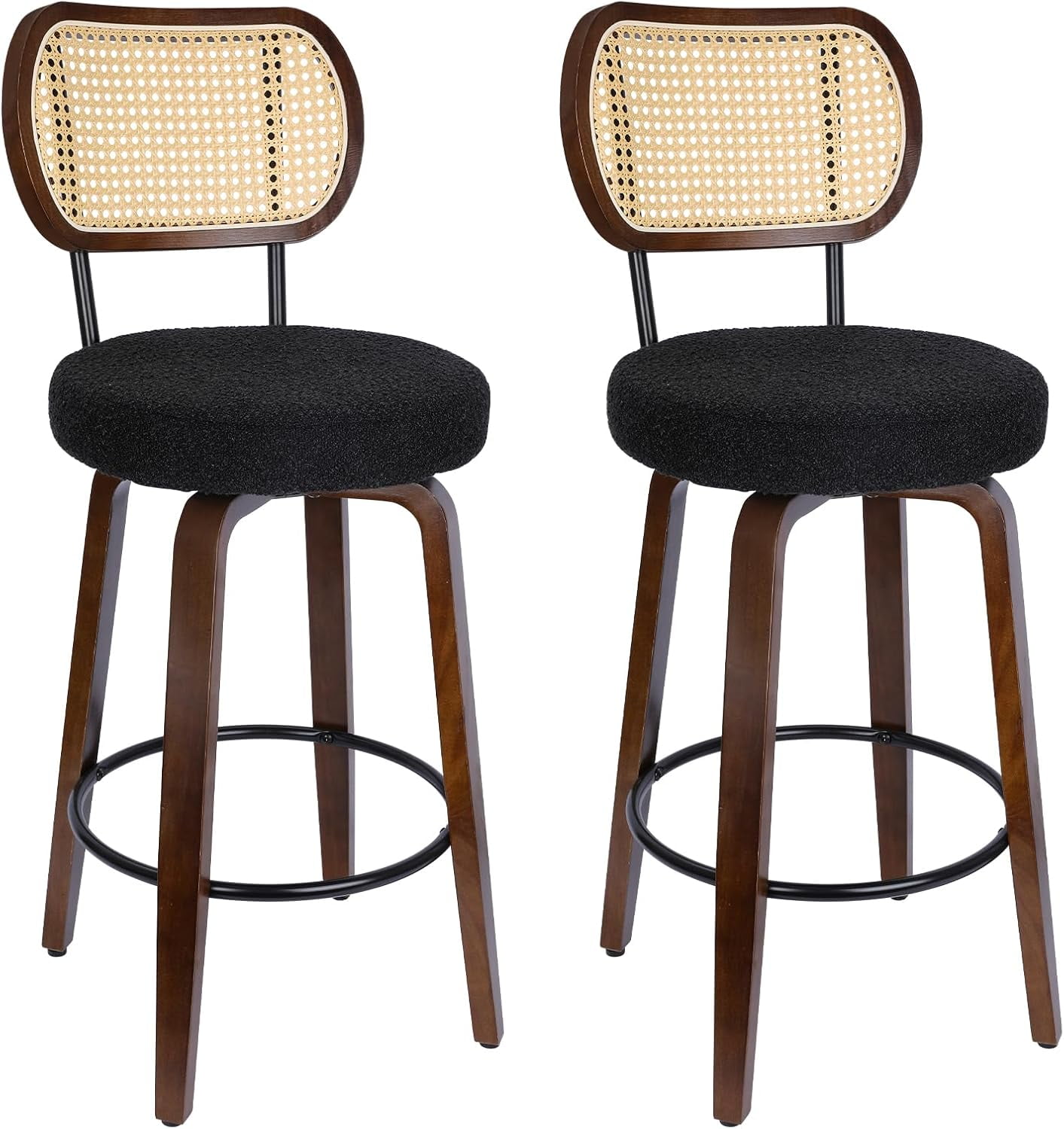 Rattan Bar Stools Set of 2,Swivel Counter Height Barstools with Back ...