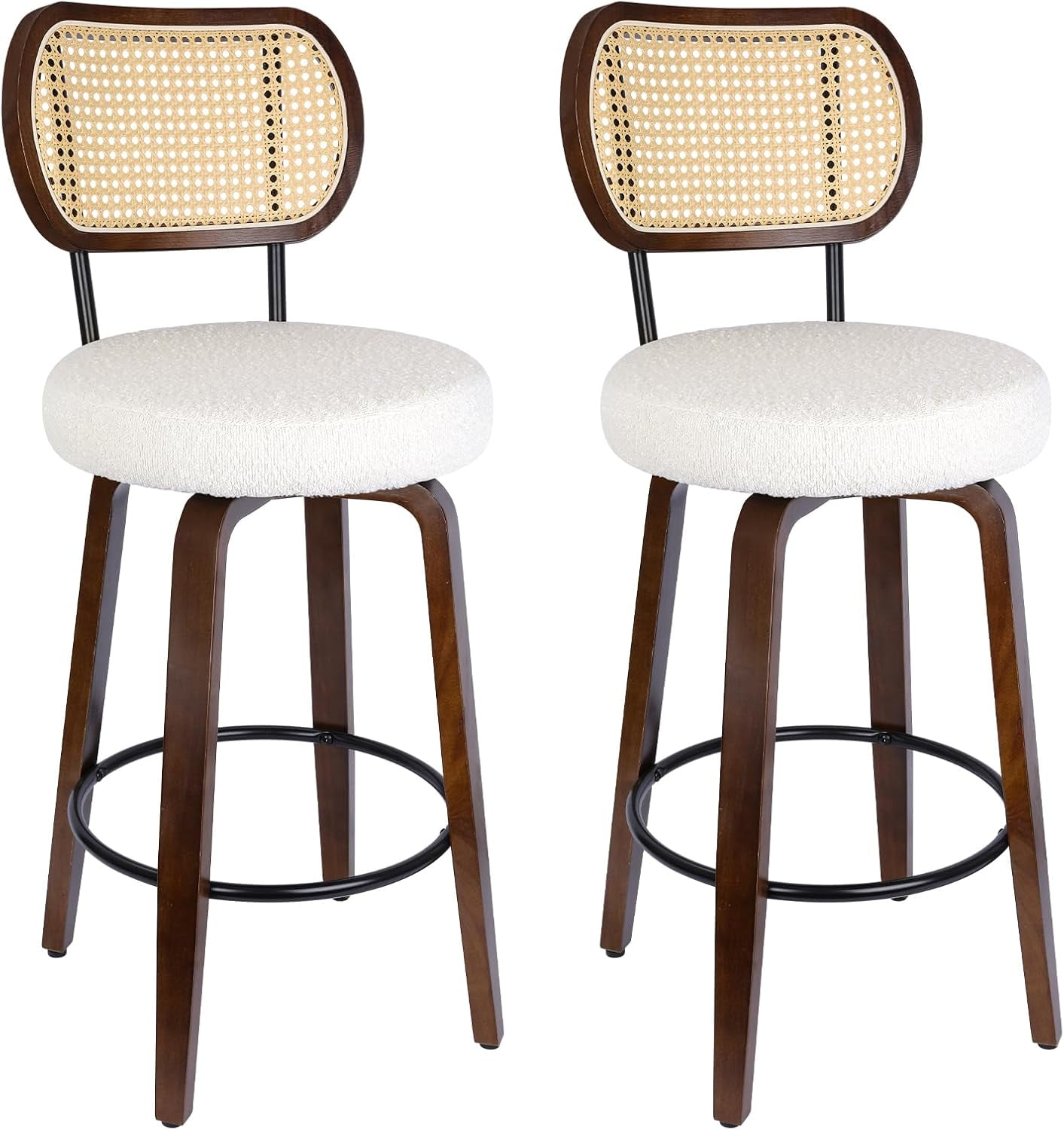 Rattan Bar Stools Set of 2, Swivel Counter Height Barstools with Back, Farmhouse Upholstered ...