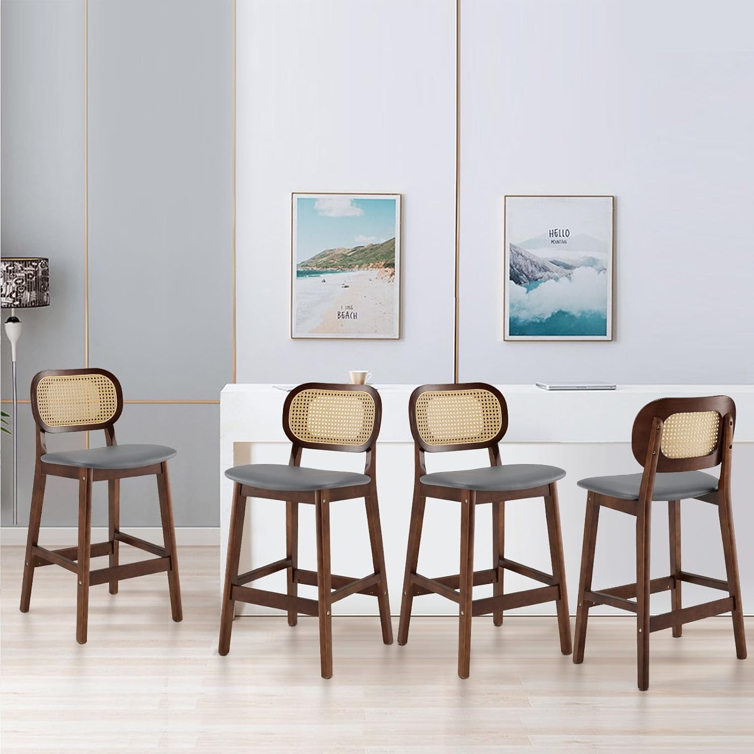 Rattan Bar Stools Set of 4, Counter Height Stools, 25" Mid Century Modern Bar Stools PU Leather ...