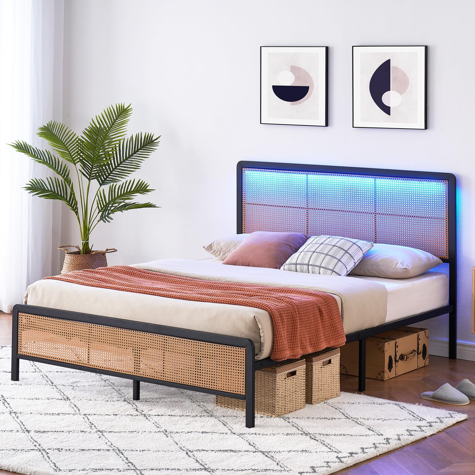 Rattan Bed Frame with LED Light & Storage, Woven Headboard, Boho Style ...