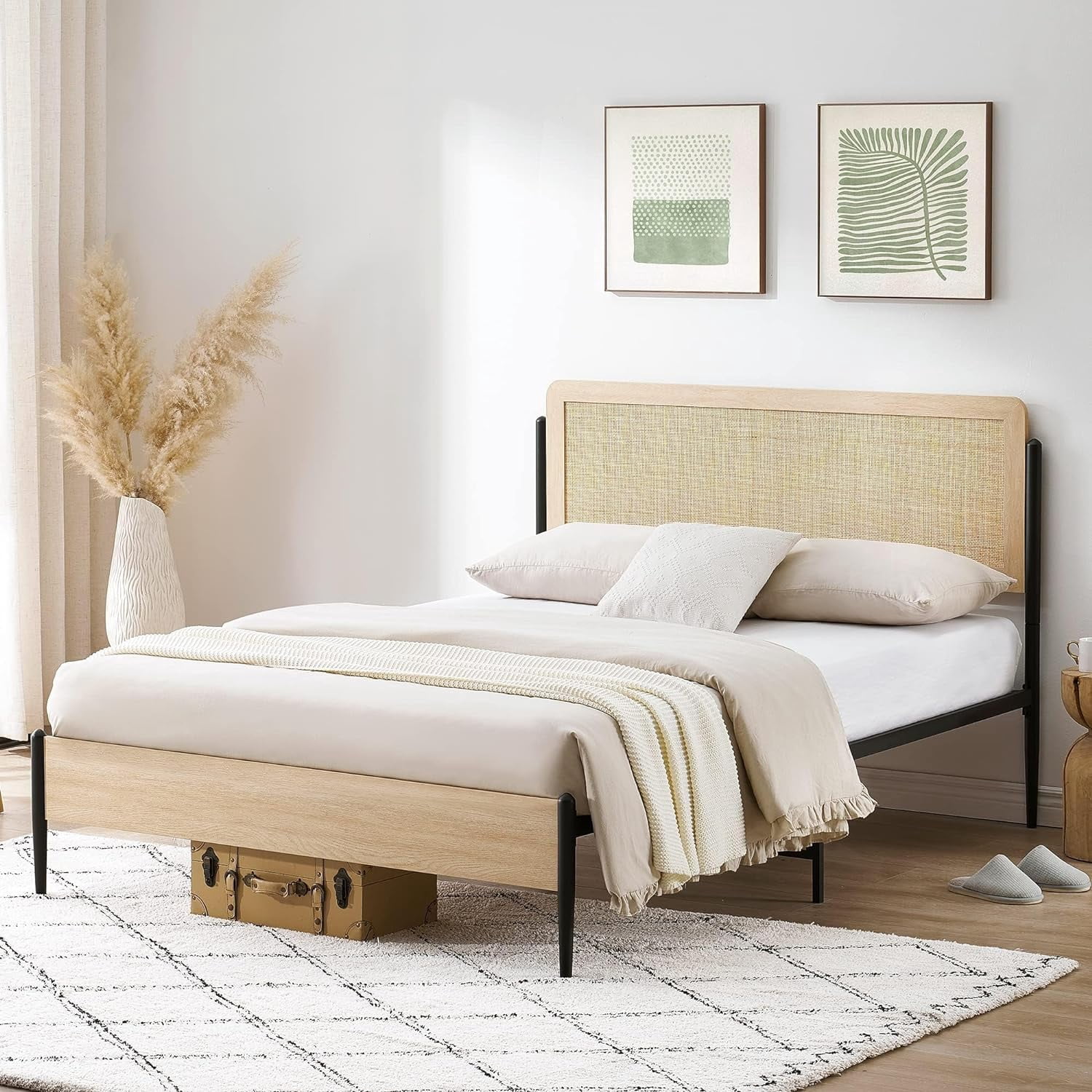 Rattan Bed Frame with Rounded Corner Headboard, Bohemian & Mid Century ...