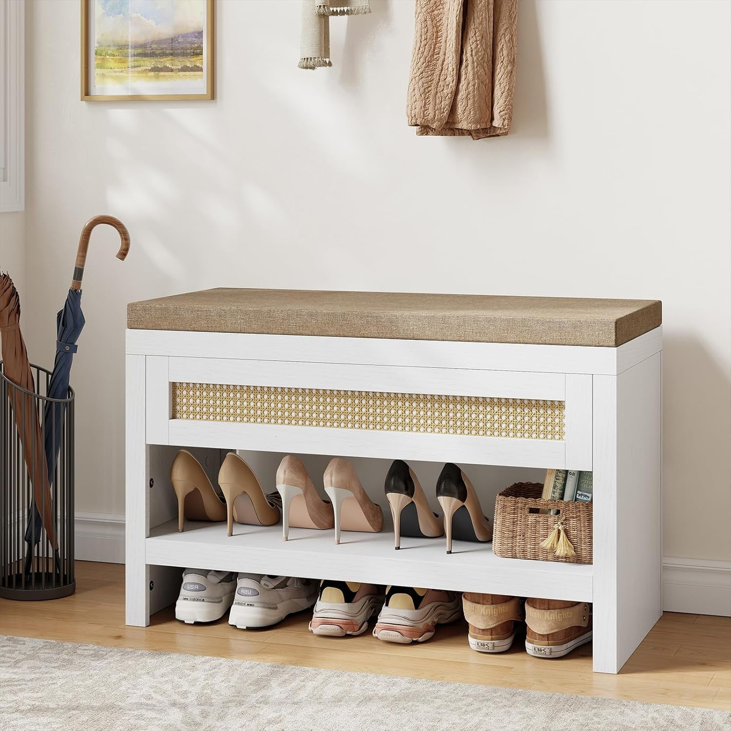 Rattan Bench with Shoe Storage, Farmhouse Storage Shoe Rack with ...