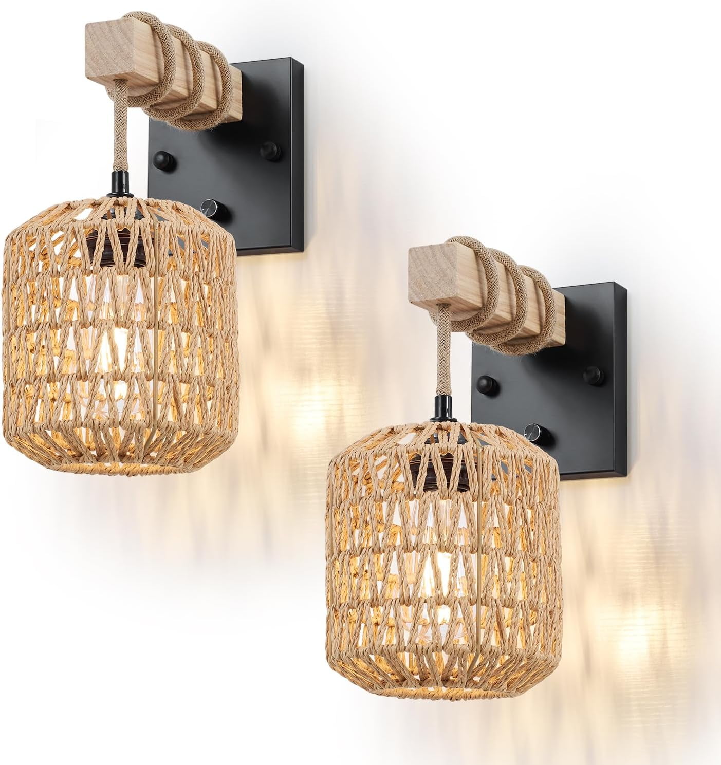 Rattan Boho Wall Sconces Set of Two, Hardwired Hand-Woven Farmhouse ...