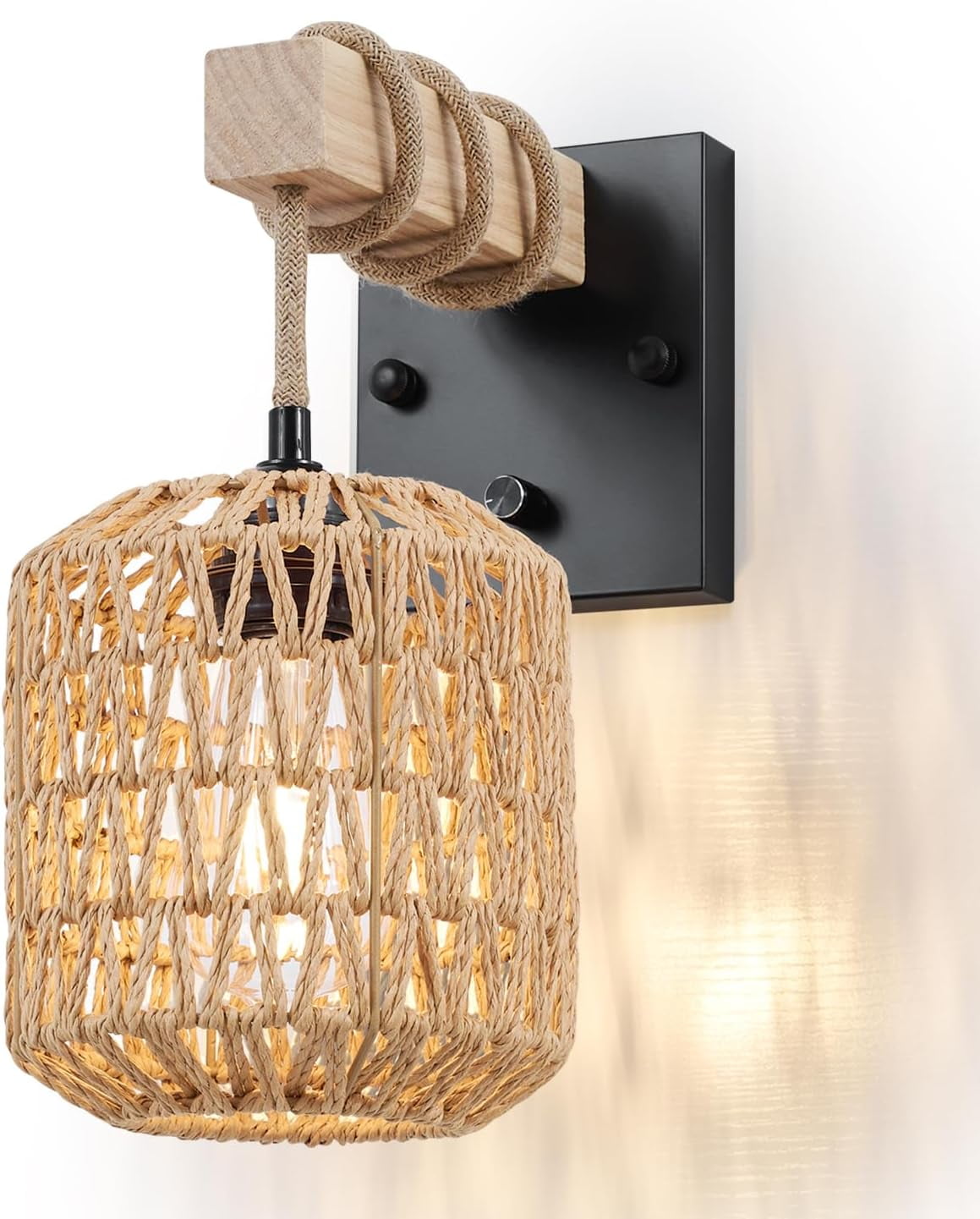 Rattan Boho Wall Sconces Set of Two, Hardwired Hand-Woven Farmhouse ...