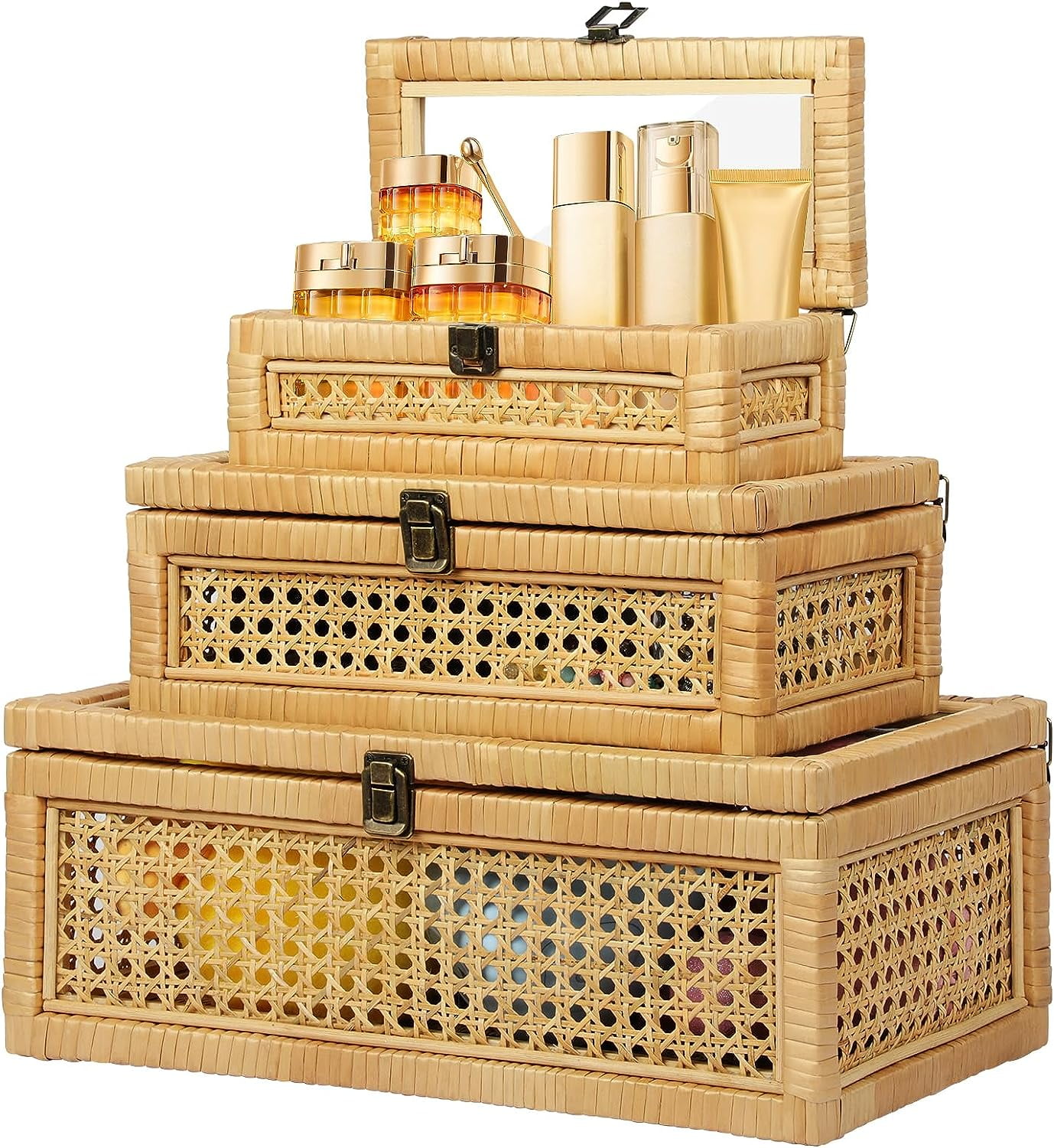 Rattan Box with Glass Lid, Set Of 3 Brown Rattan Boxes with Lids for ...