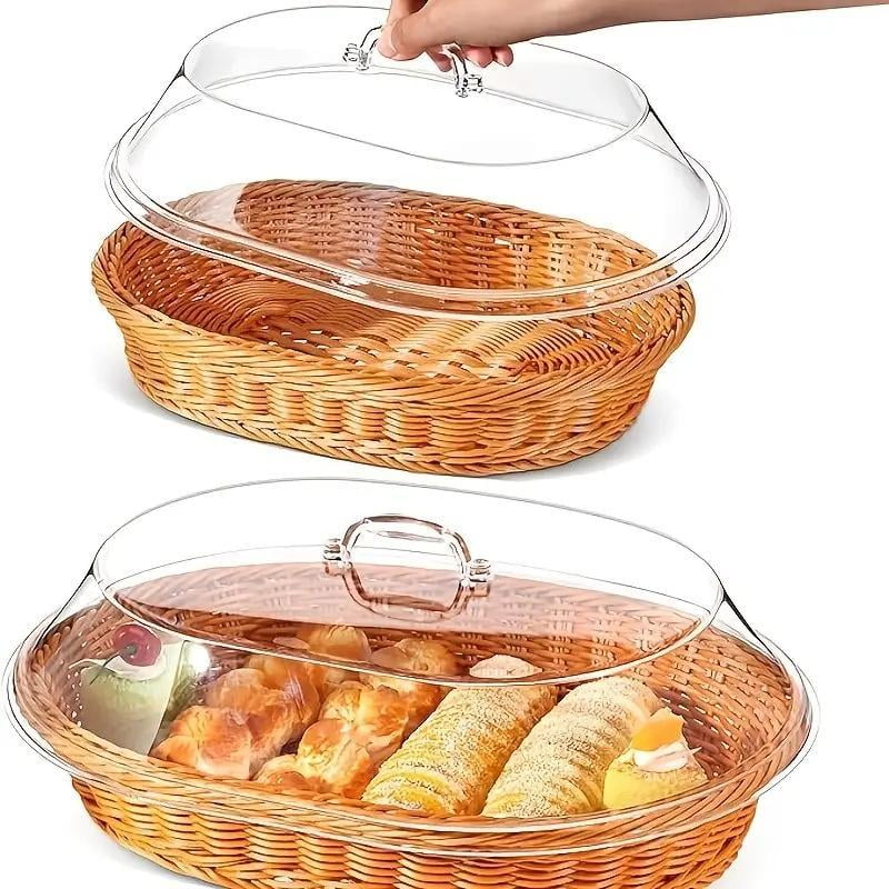 Rattan Bread Basket with Acrylic Dust Cover, Durable Washable Food Tray ...