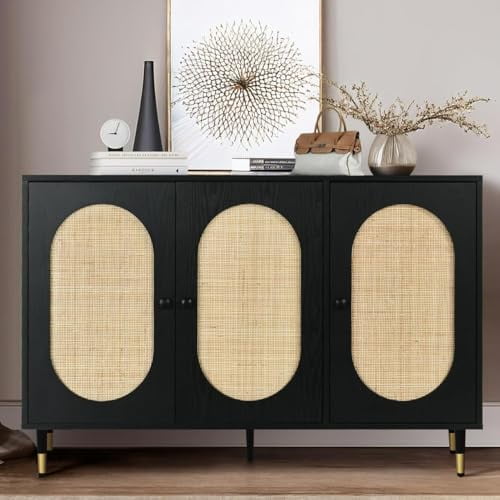 Rattan Buffet Cabinet, Rattan 3 Doors Buffet Cabinet with Storage, 47 ...