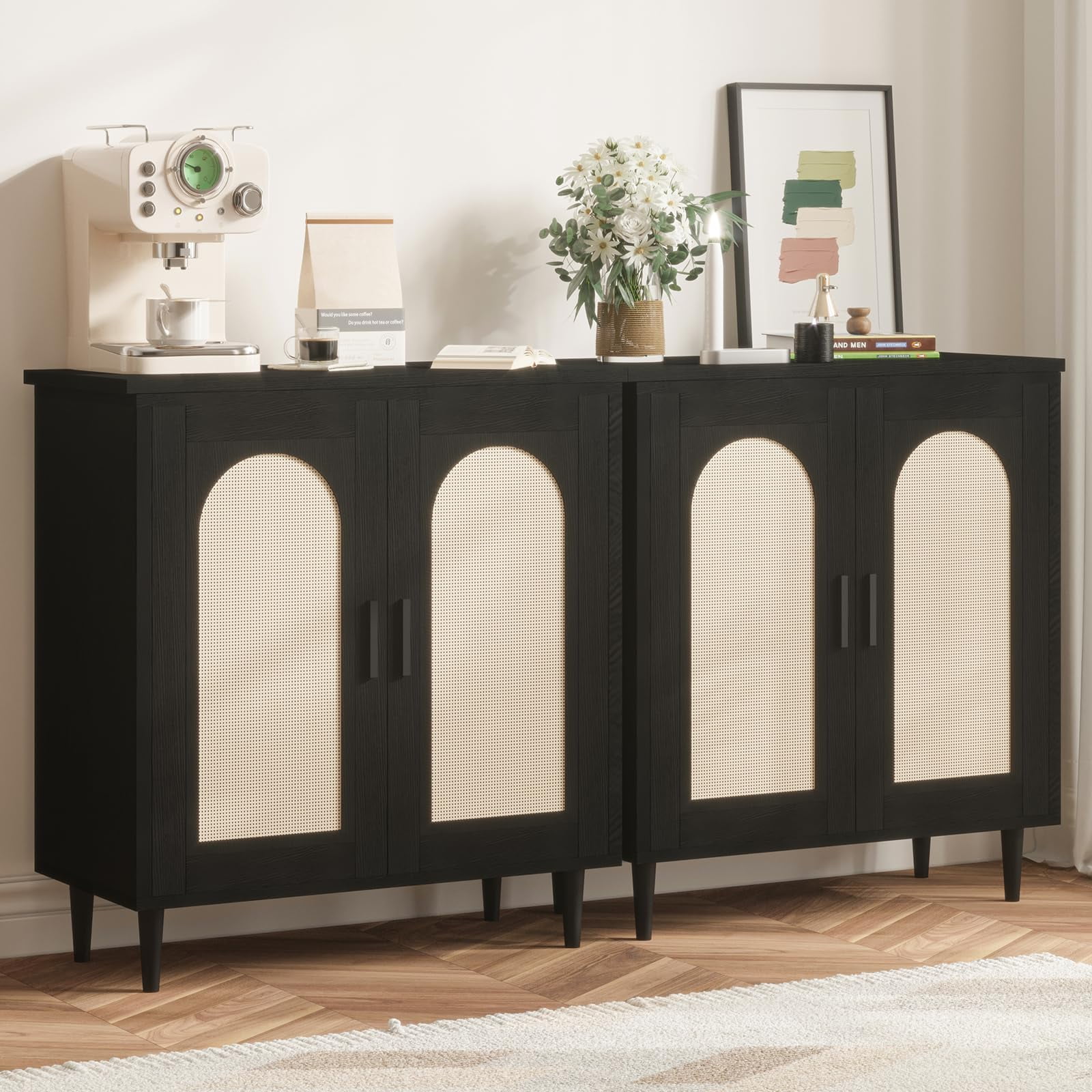 Rattan Buffet Cabinet with Storage, Single Door Accent Console Table ...