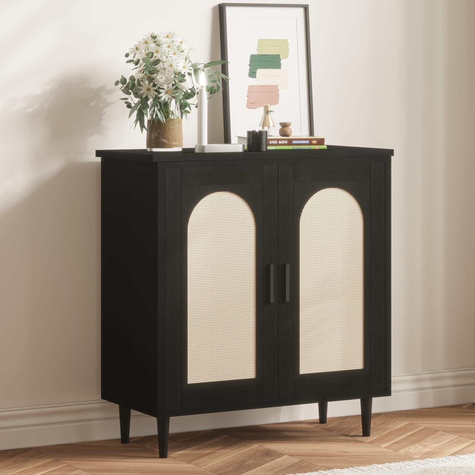 Rattan Buffet Cabinet with Storage, Single Door Accent Console Table for Entryway, Dining Room ...