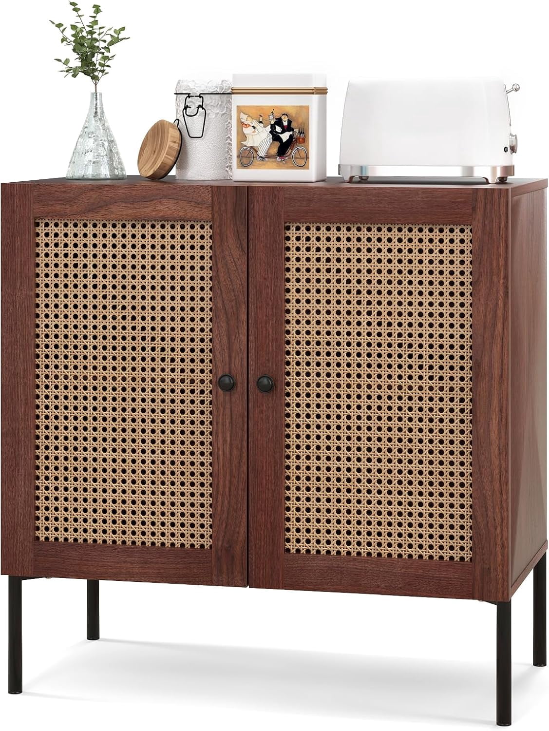 Rattan Buffet Cabinet, Wood Sideboard Cabinet with 3-Positon Adjustable ...