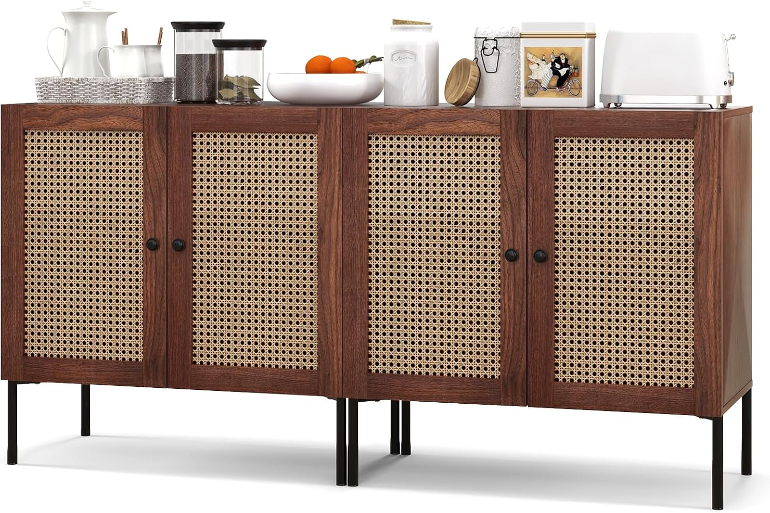 Rattan Buffet Cabinet – Wood Sideboard Cabinet with Adjustable Shelf ...