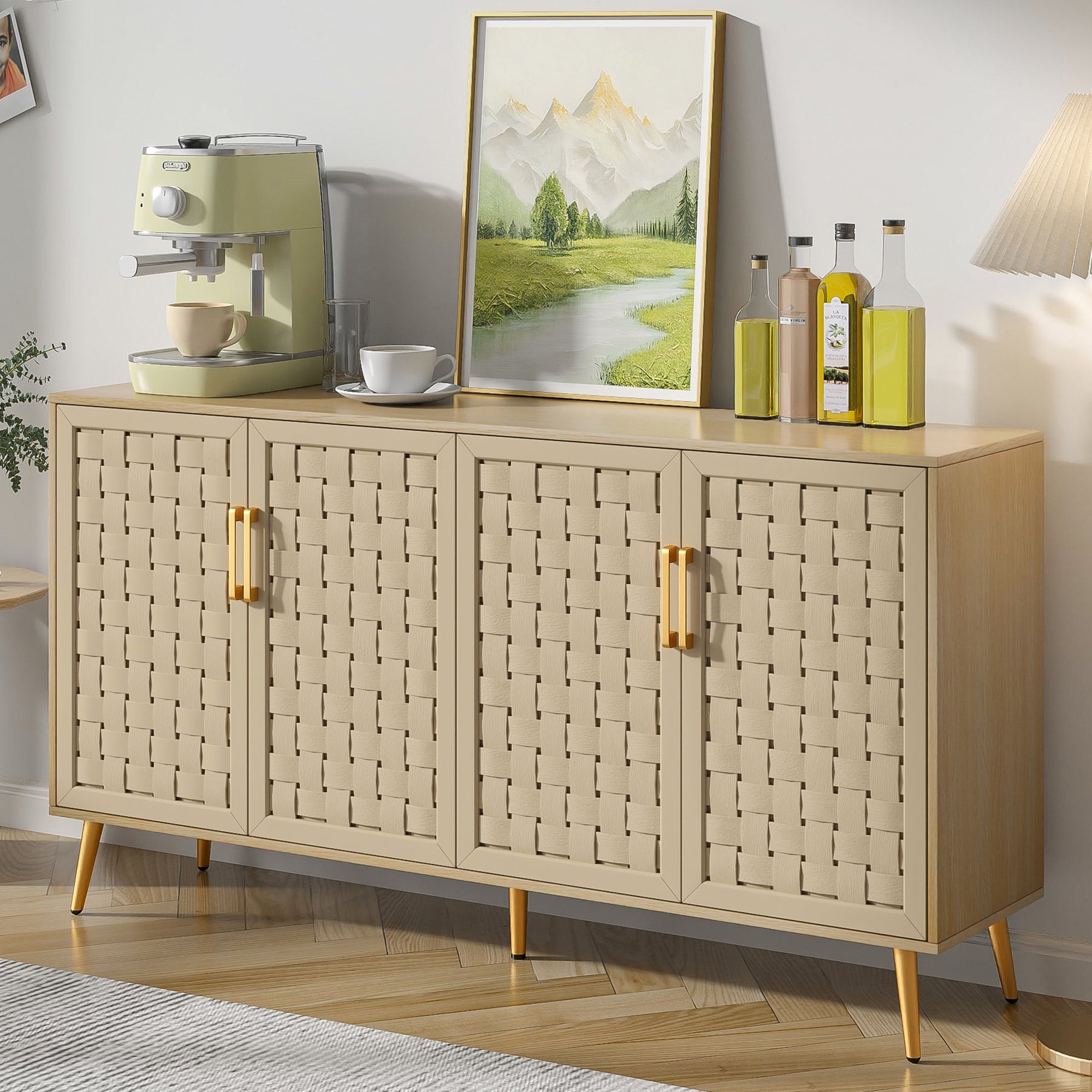 Farmhouse Rattan Sideboard Cabinet, Bar TV Stand with Shelf, Console ...