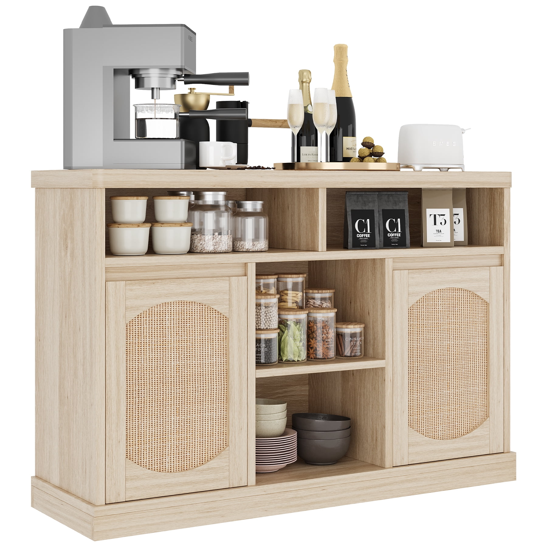 Rattan Buffet Storage Cabinet, 2-Door Accent Cabinet with 4 Open ...