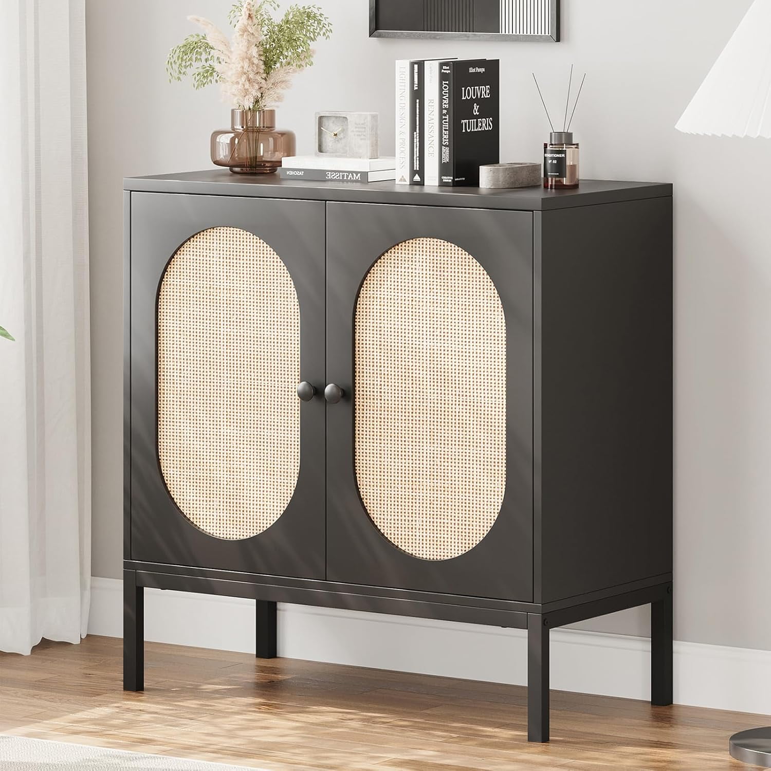 Rattan Buffet Storage Cabinet, Black Sideboard Cabinet with Adjustable ...