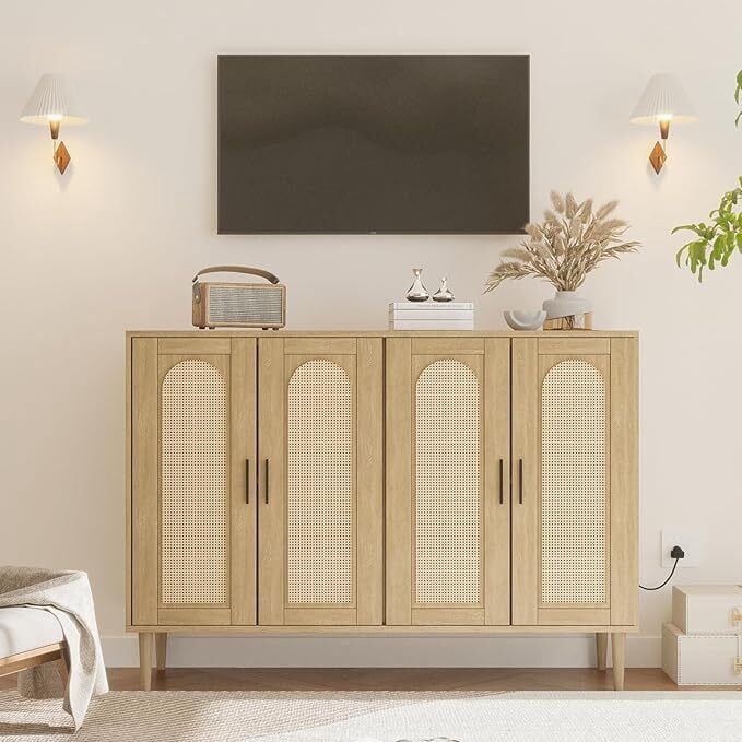 Rattan Cabinet with Power Outlet, Boho Sideboard Buffet with 4 Doors ...