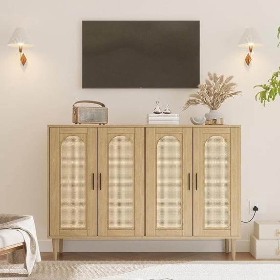Rattan Cabinet with Power Outlet, Boho Sideboard Buffet with 4 Doors ...