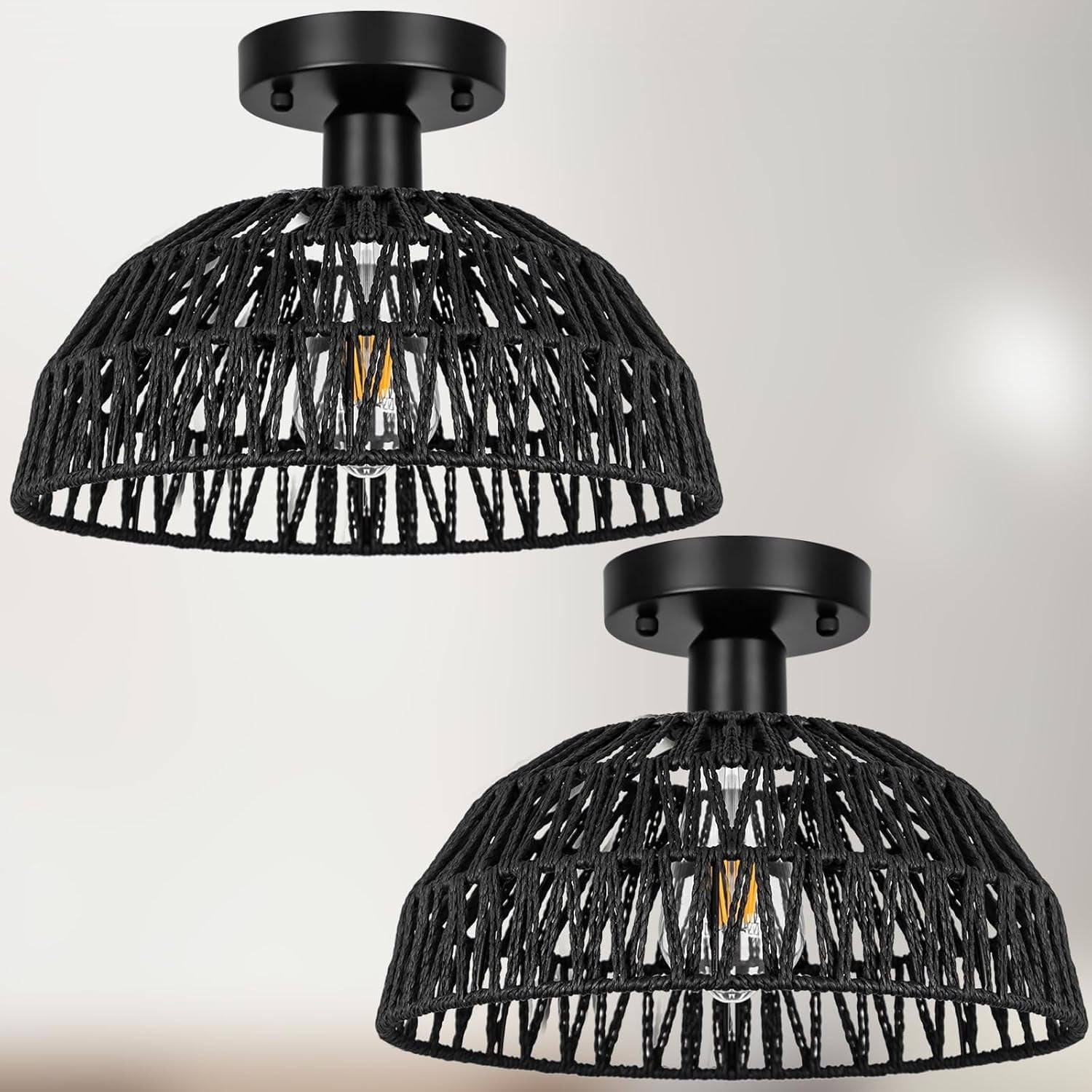Rattan Ceiling Light Fixtures 2 Packs-Black Rustic Woven Basket Flush Mount Ceiling Light ...