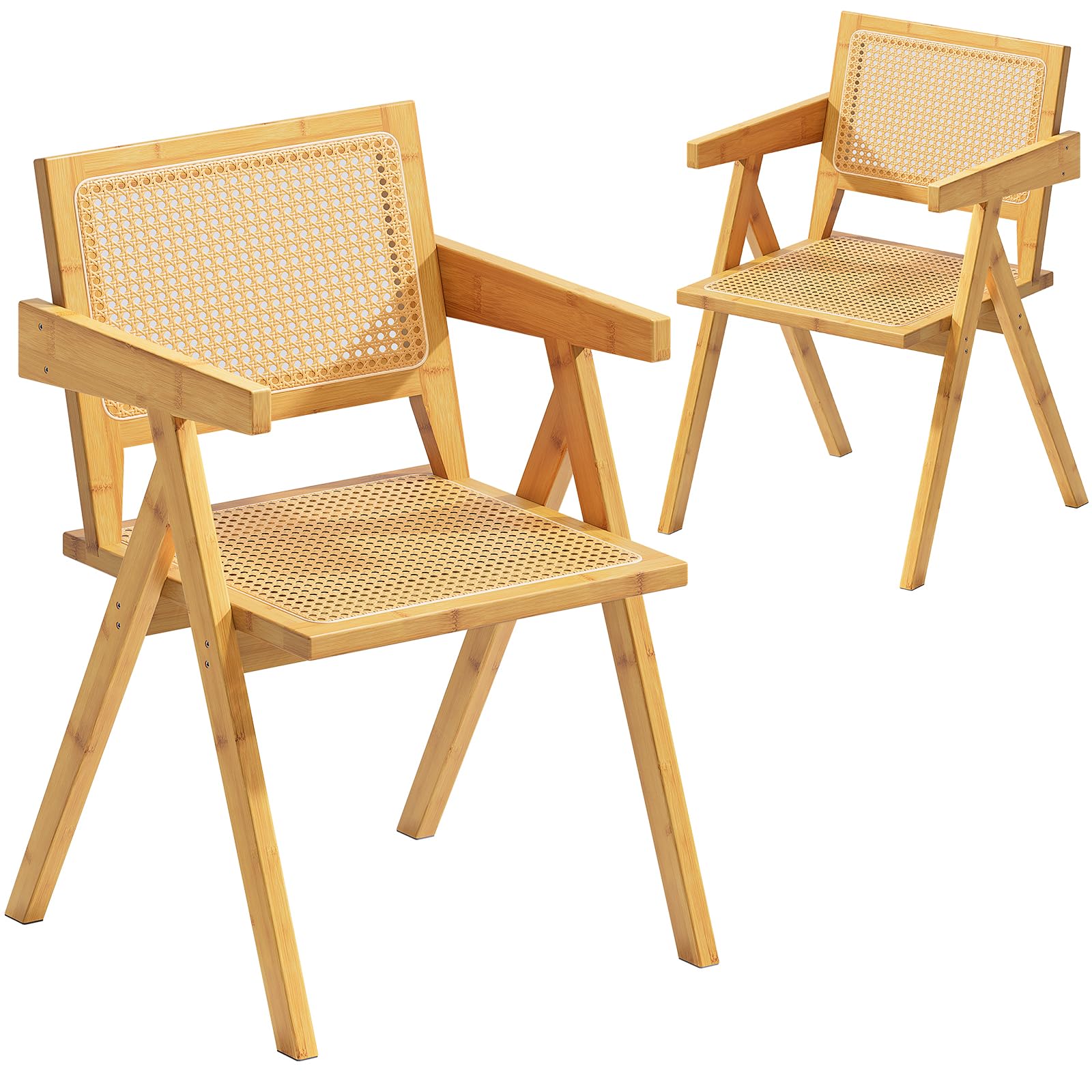Rattan Chairs Set of 2, Bamboo Rattan Dining Chair, Solid Wood Comfy ...