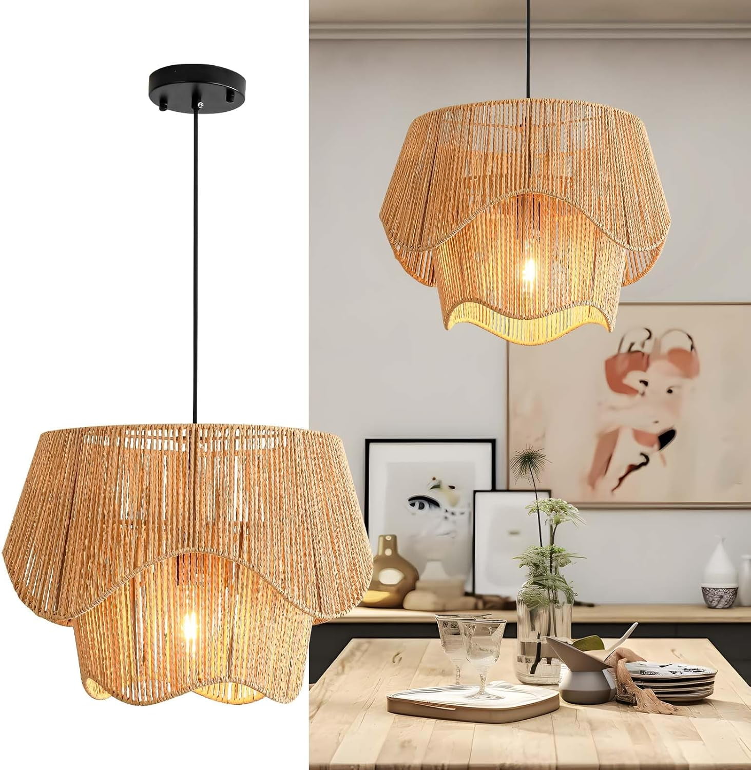 Rattan Chandelier 15.7”Boho Large Pendant Light, 1-Light Hand-Woven ...