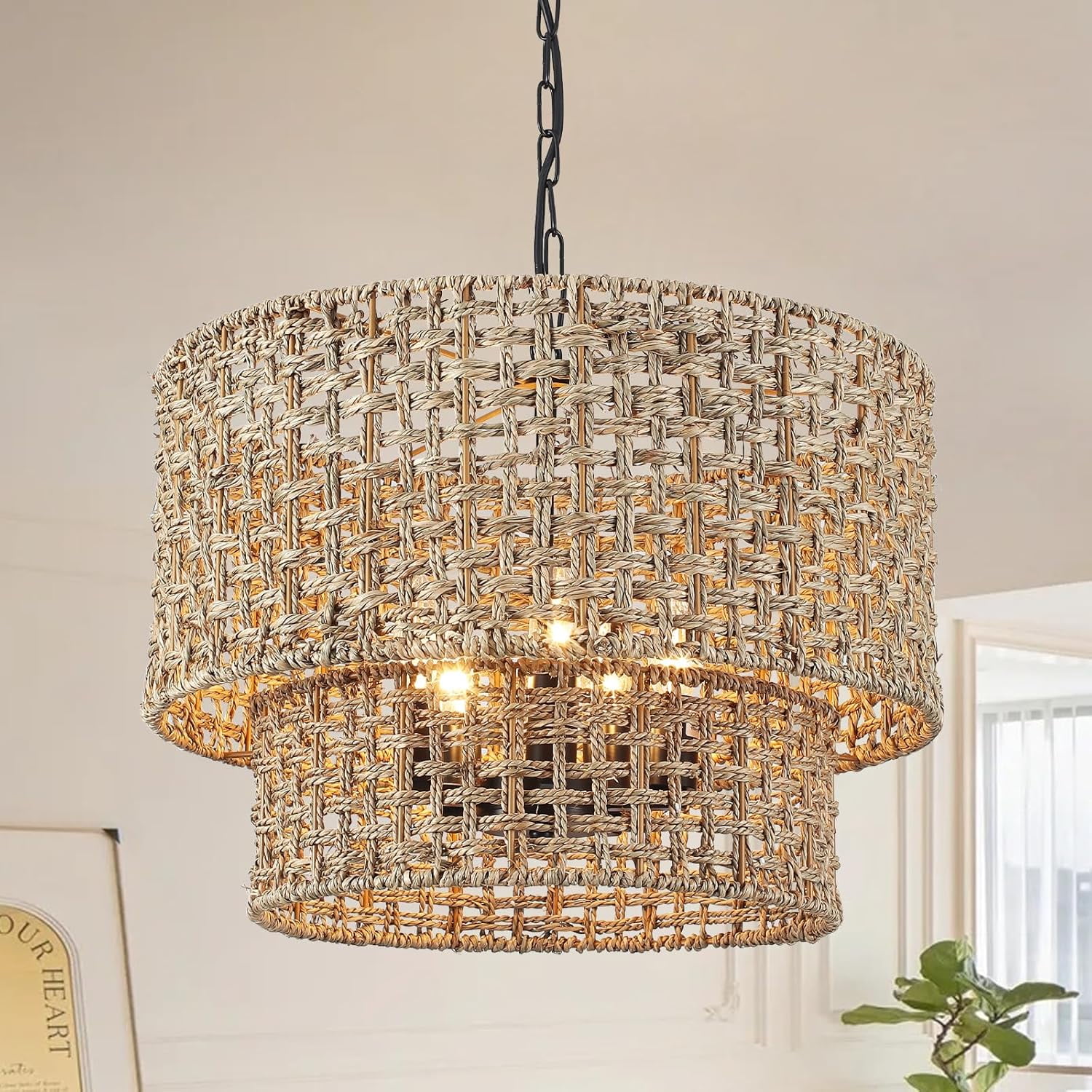 Rattan Chandelier 5-Light Boho Pendant Light Fixture for Dining Room ...