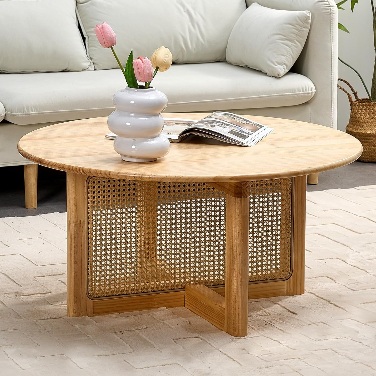 Rattan Coffee Table, 33 Inch Solid Wood Coffe Table with PE Rattan ...