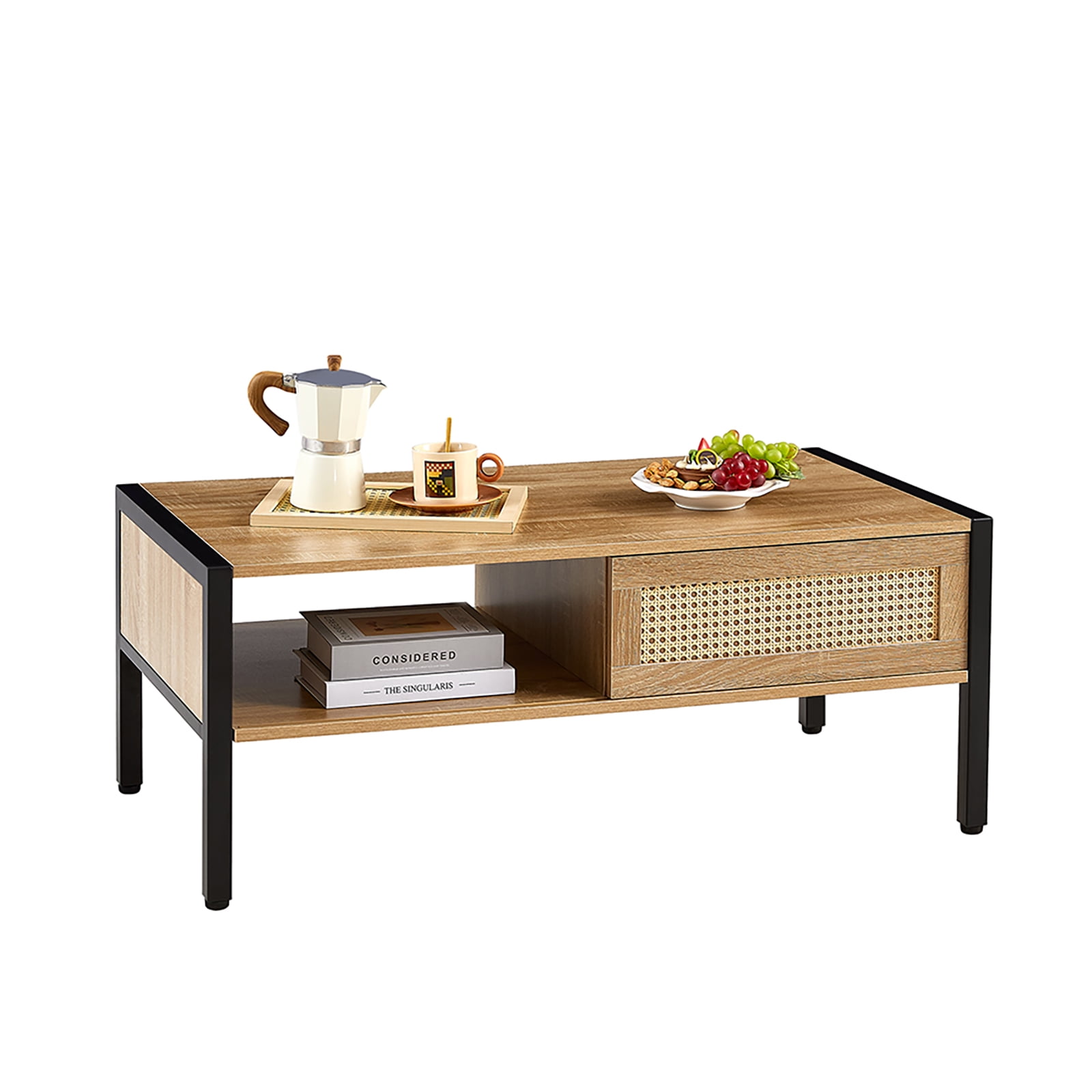 Rattan Coffee Table With Sliding Door Storage Metal Legs Boho Coffee ...