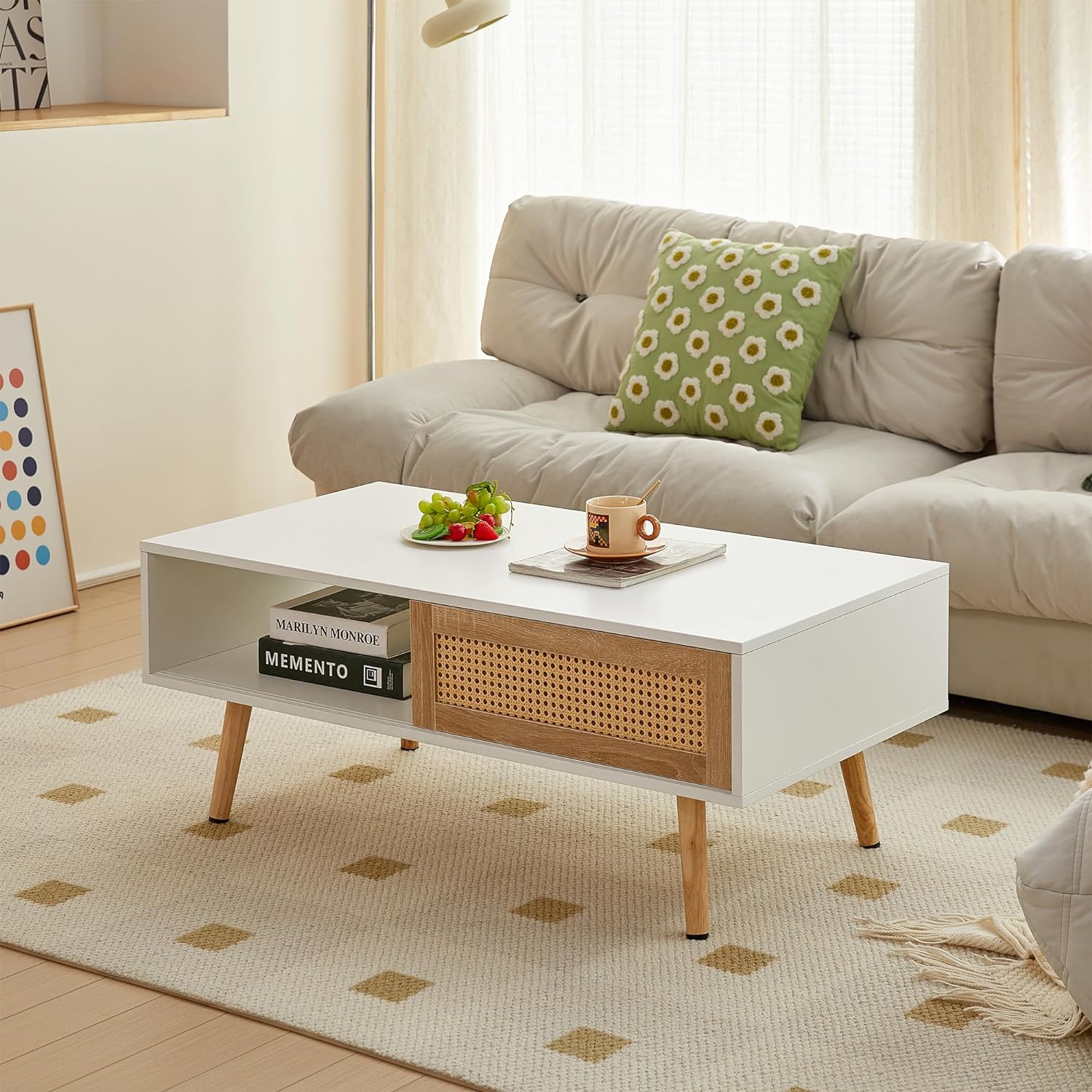 Rattan Coffee Table for Living Room, White Mordern Sofa Center Tables ...