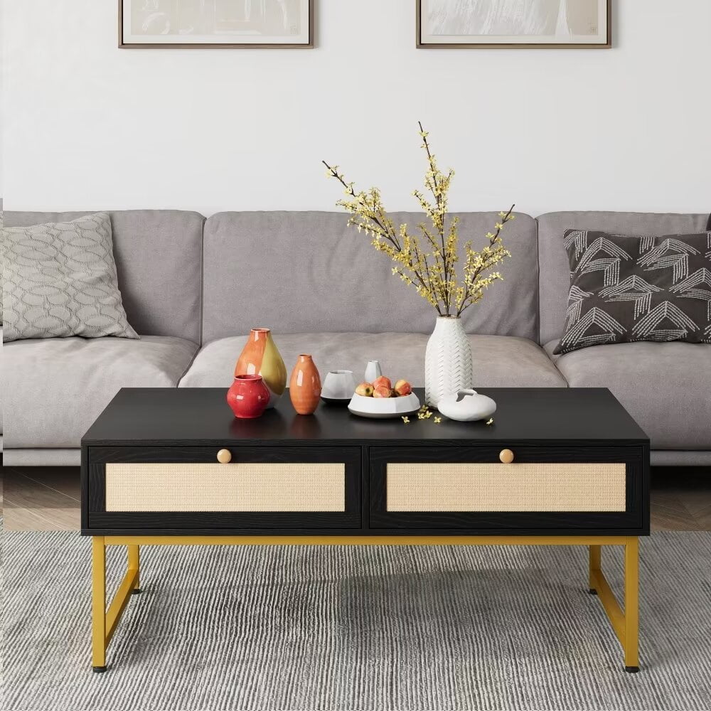 Rattan Coffee Table with Storage, Modern Rectangle Center Table with 2 ...