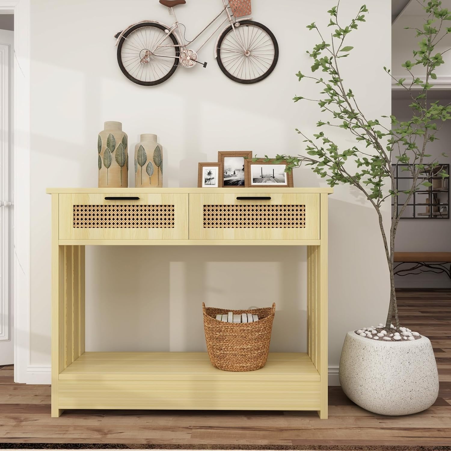 Rattan Console Table, 2-Tier Entryway Table with Storage Entry Table ...