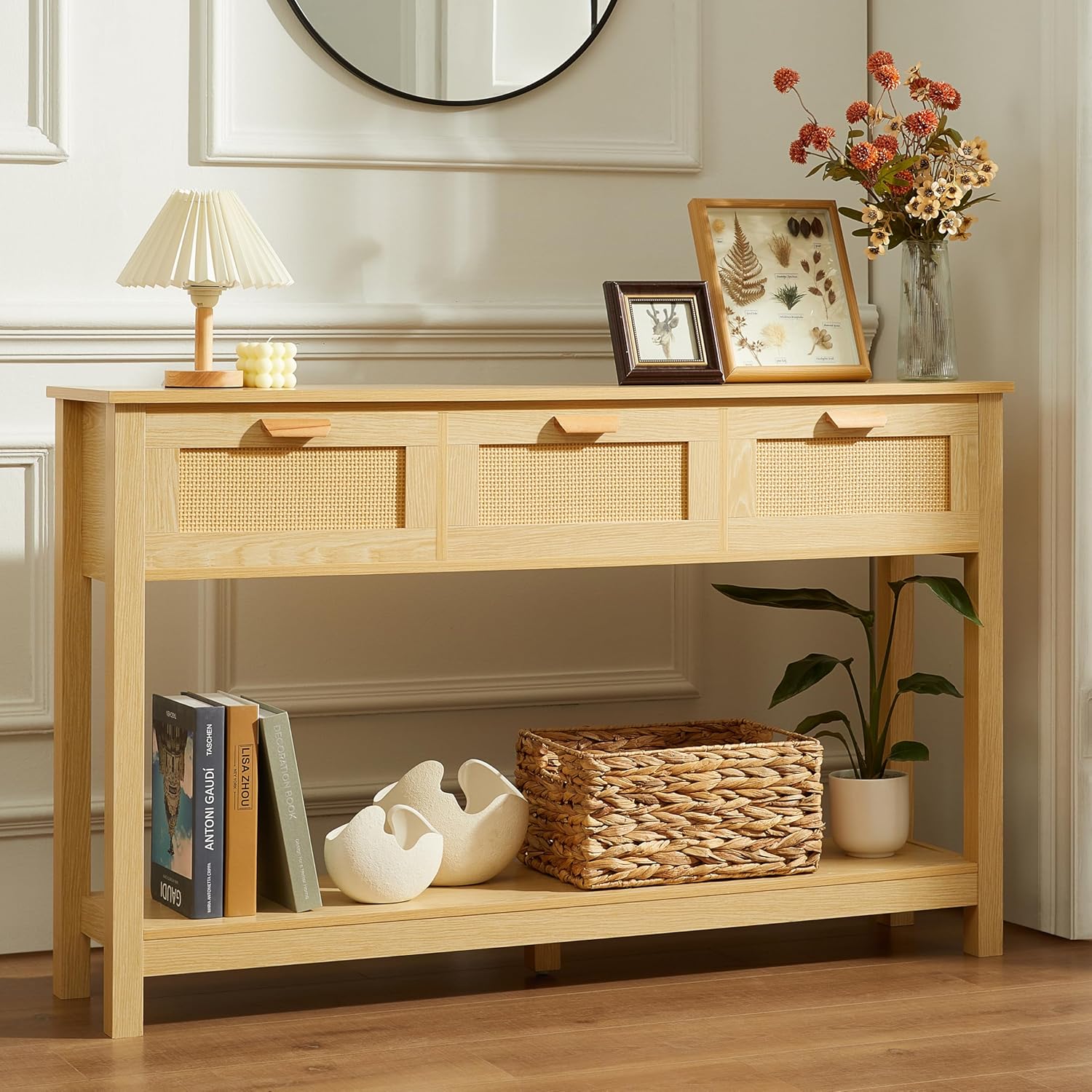 Rattan Console Table with 3 Drawers, Boho Entryway Table with Storage ...