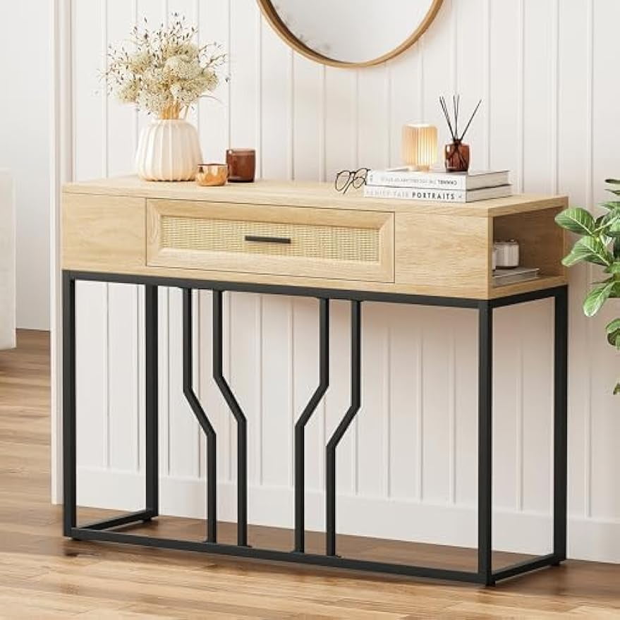 Rattan Console Table, Boho Entryway Table with Drawer, Wood Sofa Table ...