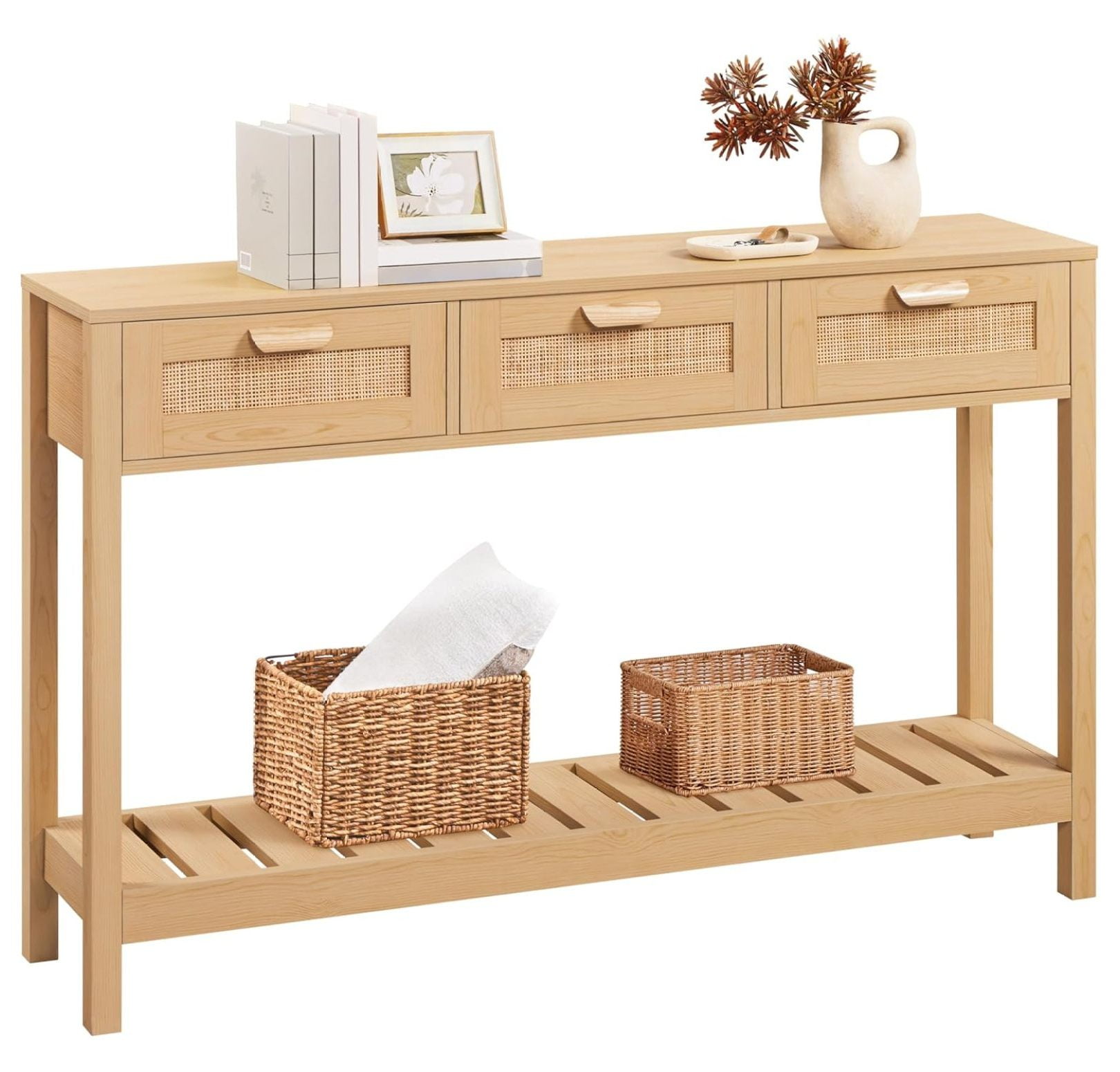 Rattan Console Table, Boho Entryway Table with Storage Drawers and Shelf, Long Hallway Tables ...