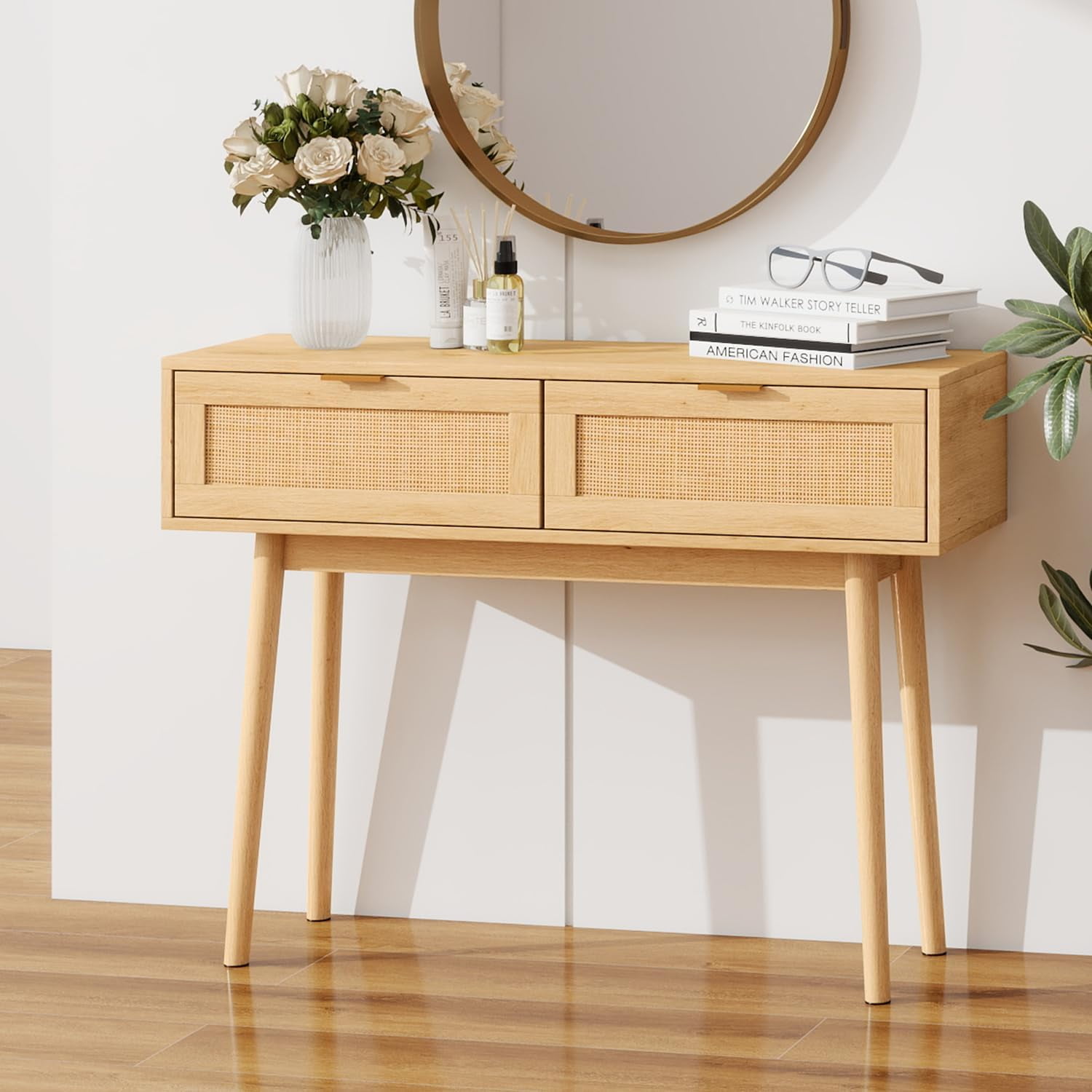 Rattan Console Table, Boho Entryway Table with 2 Woven Storage Drawers ...