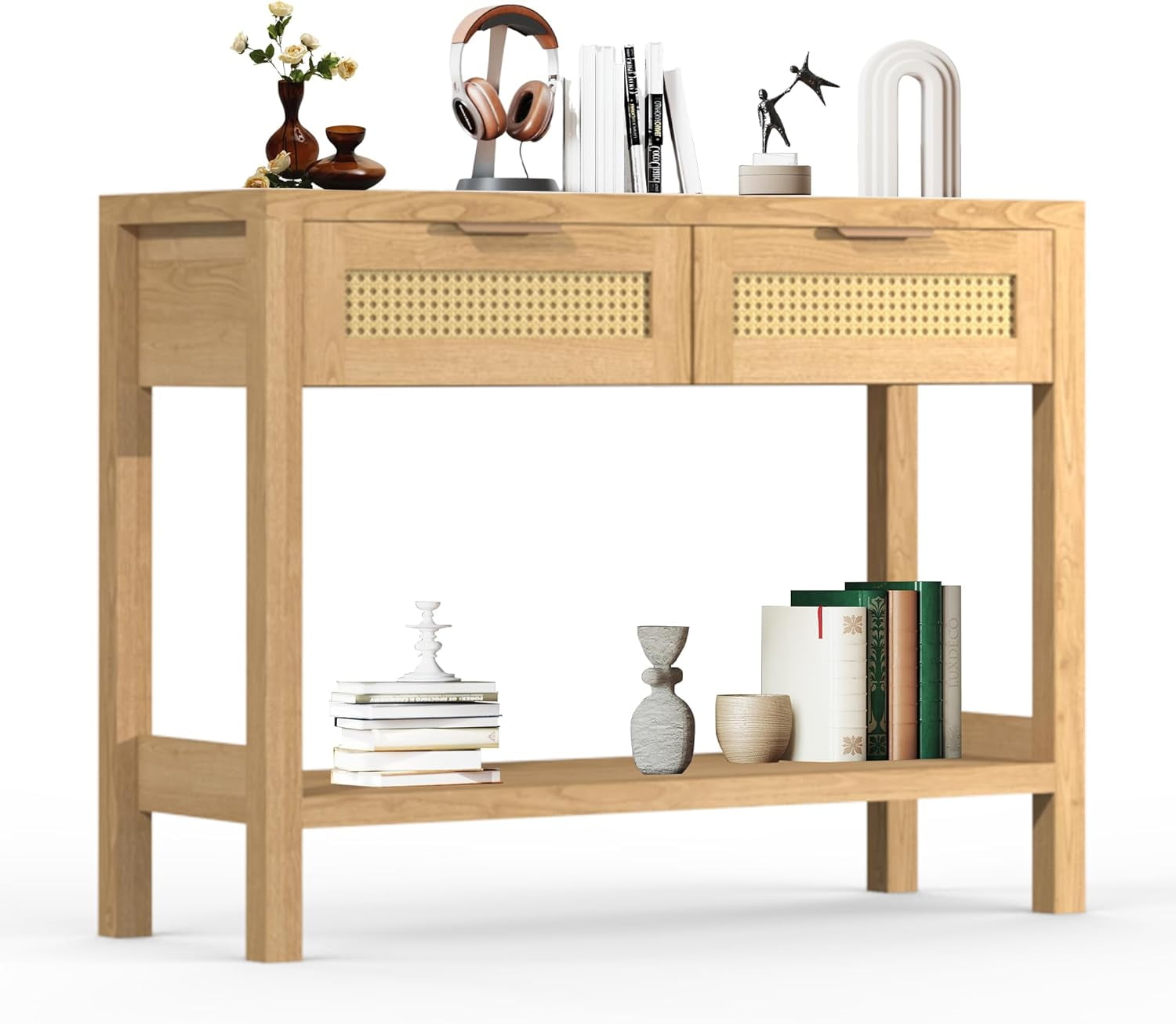 Rattan Console Table for Entryway, Boho Narrow Sofa Tables with Storage ...
