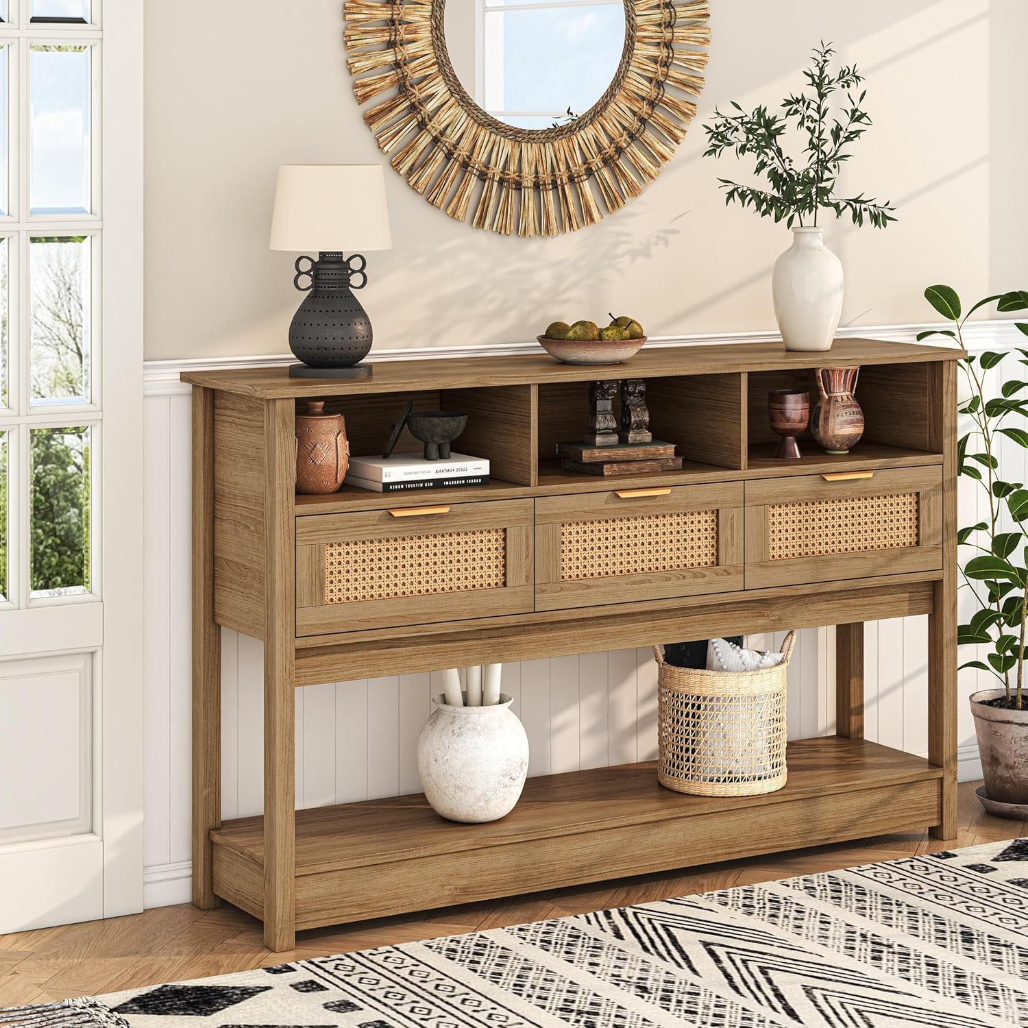 Rattan Console Table, Entryway Table Sofa Table with Storage, Hallway ...
