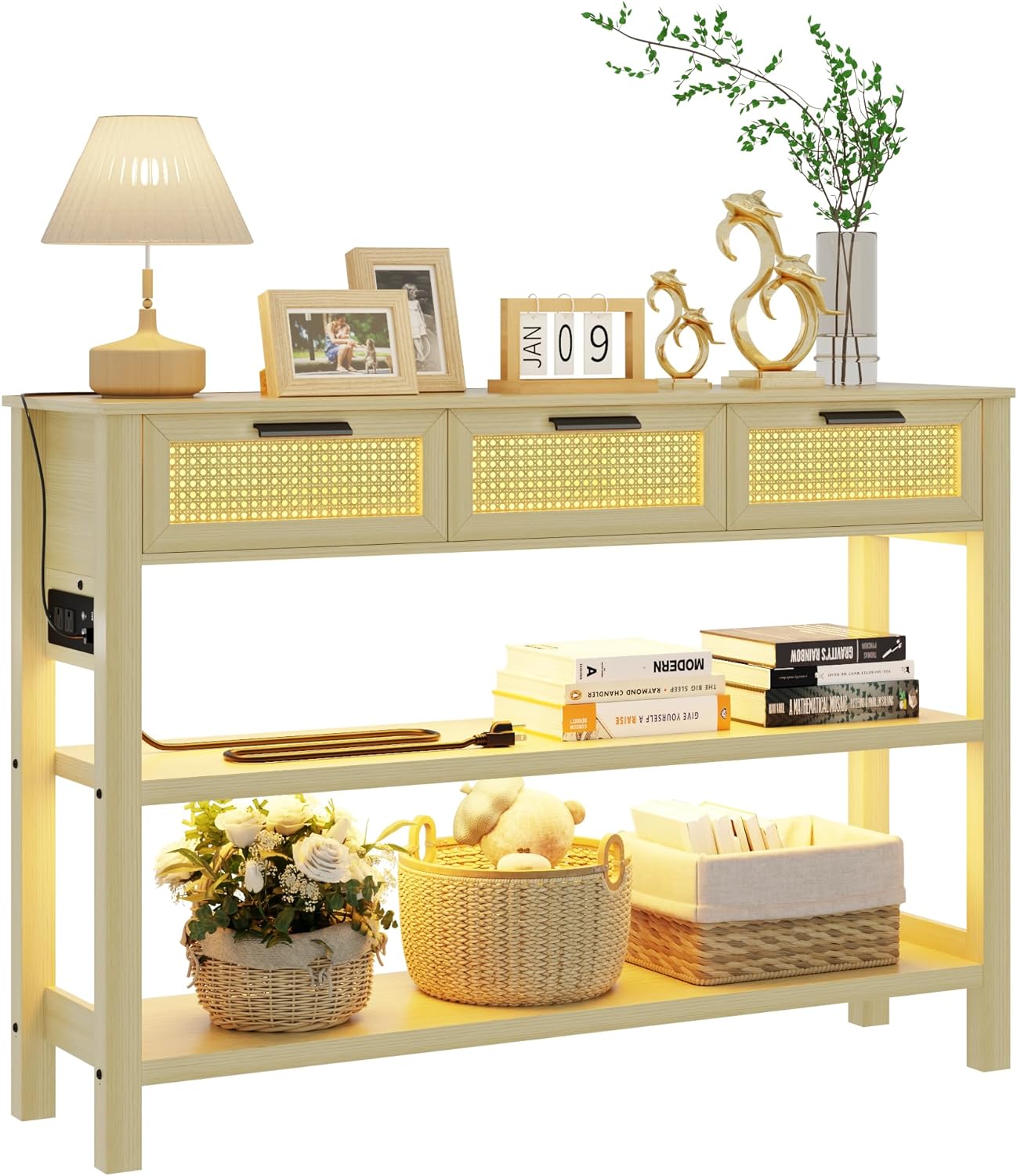 Rattan Console Table with Lights, Entryway Table with Outlet & Charging ...