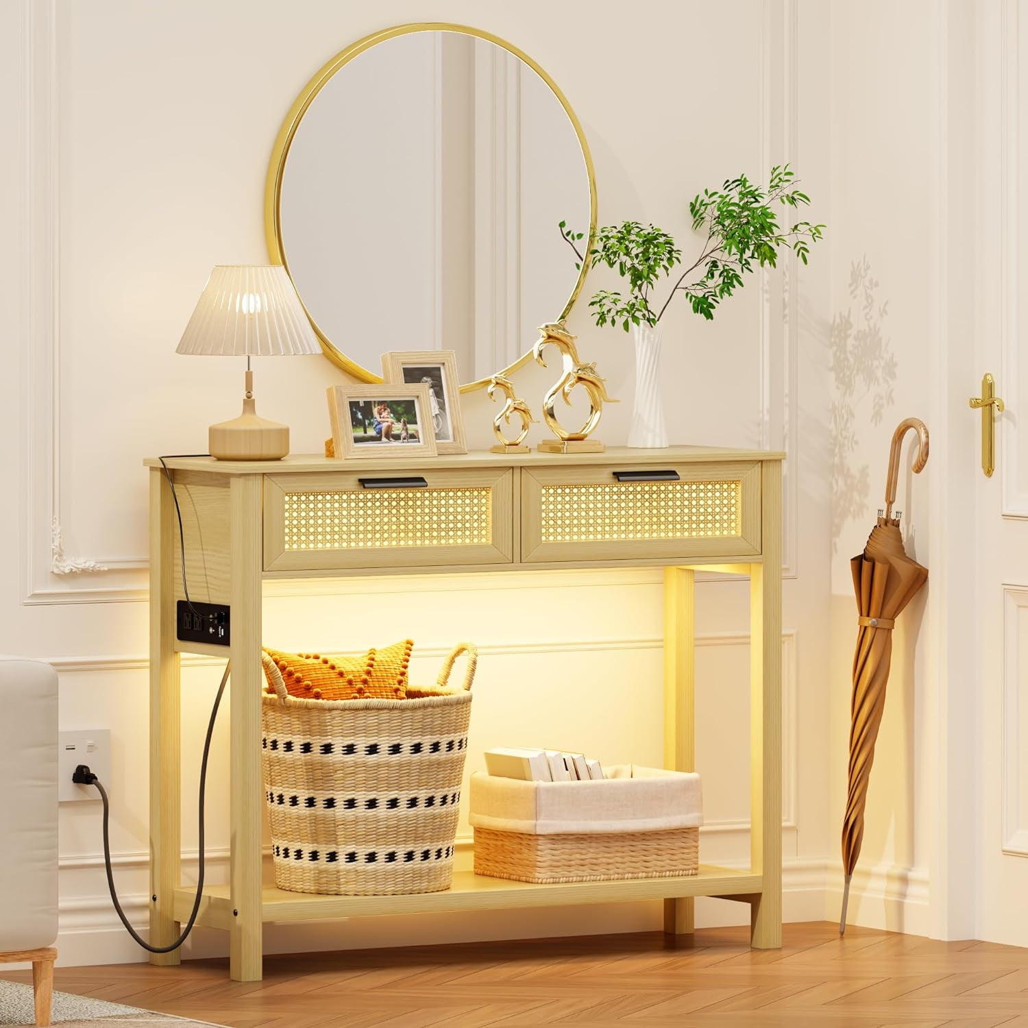 Rattan Console Table with Lights, Entryway Table with Outlet & Charging ...