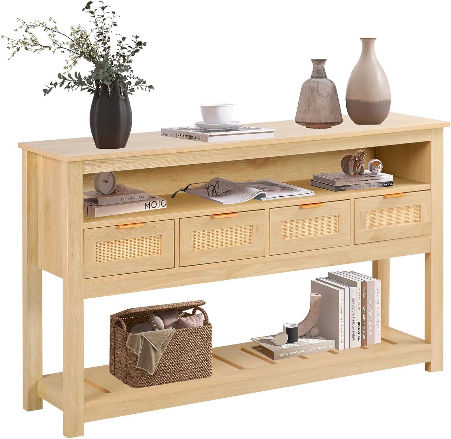 Rattan Console Table Narrow Entryway Table with 4 Drawers and Open ...