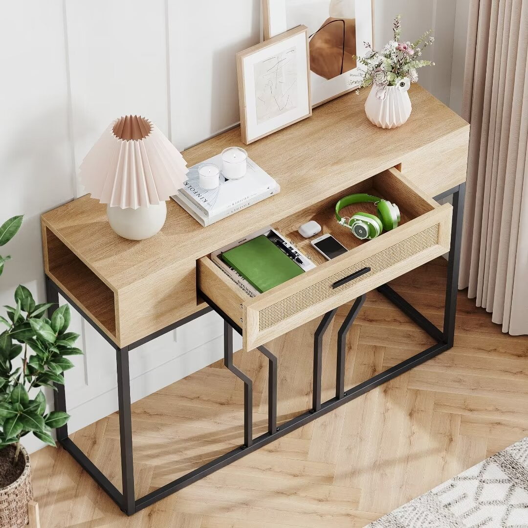 Rattan Console Table, Narrow Sofa Entryway Table with Drawer and ...
