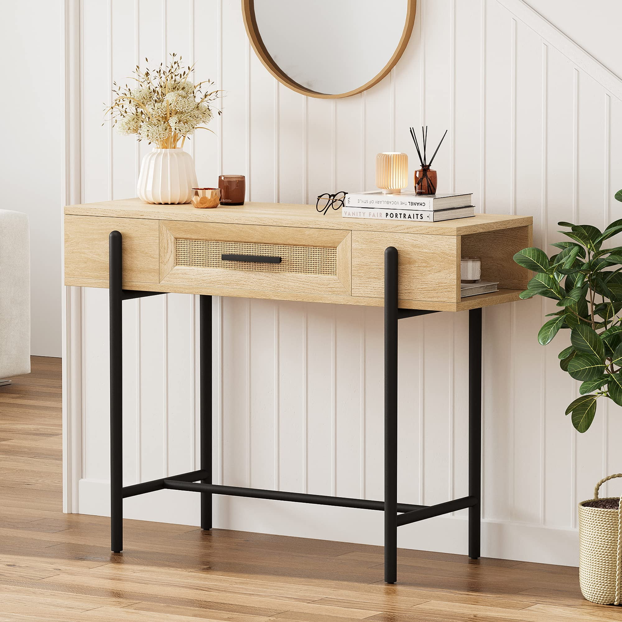 Rattan Console Table, Sofa Tables Narrow Entryway Table with Drawer and ...