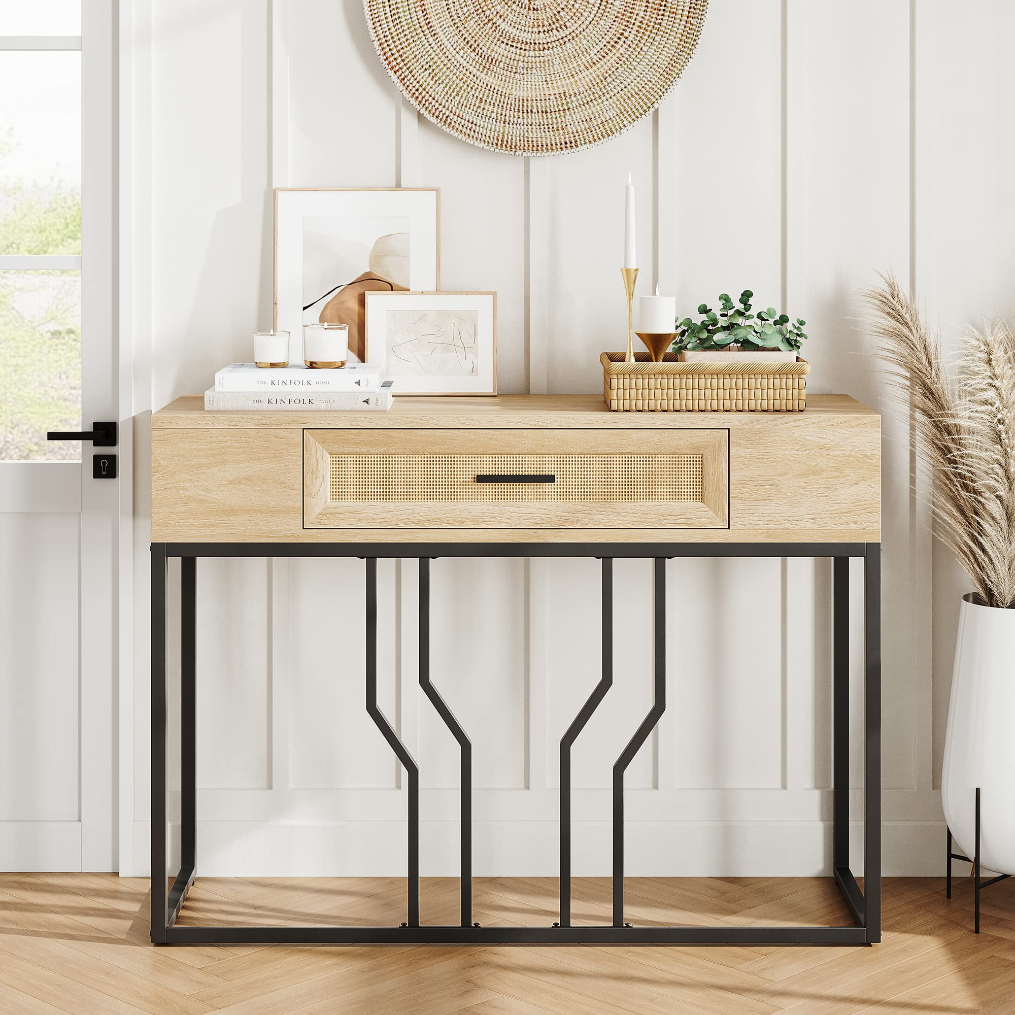 Boho Style Rattan Console Table with Drawer, 40" Narrow Entryway/Couch ...