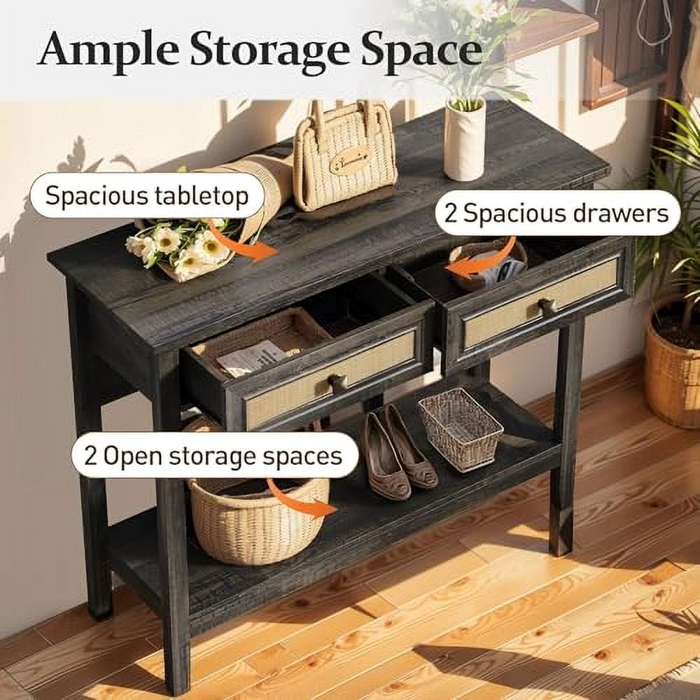 Rattan Console Table with Storage and Drawers, Farmhouse Entryway Table ...
