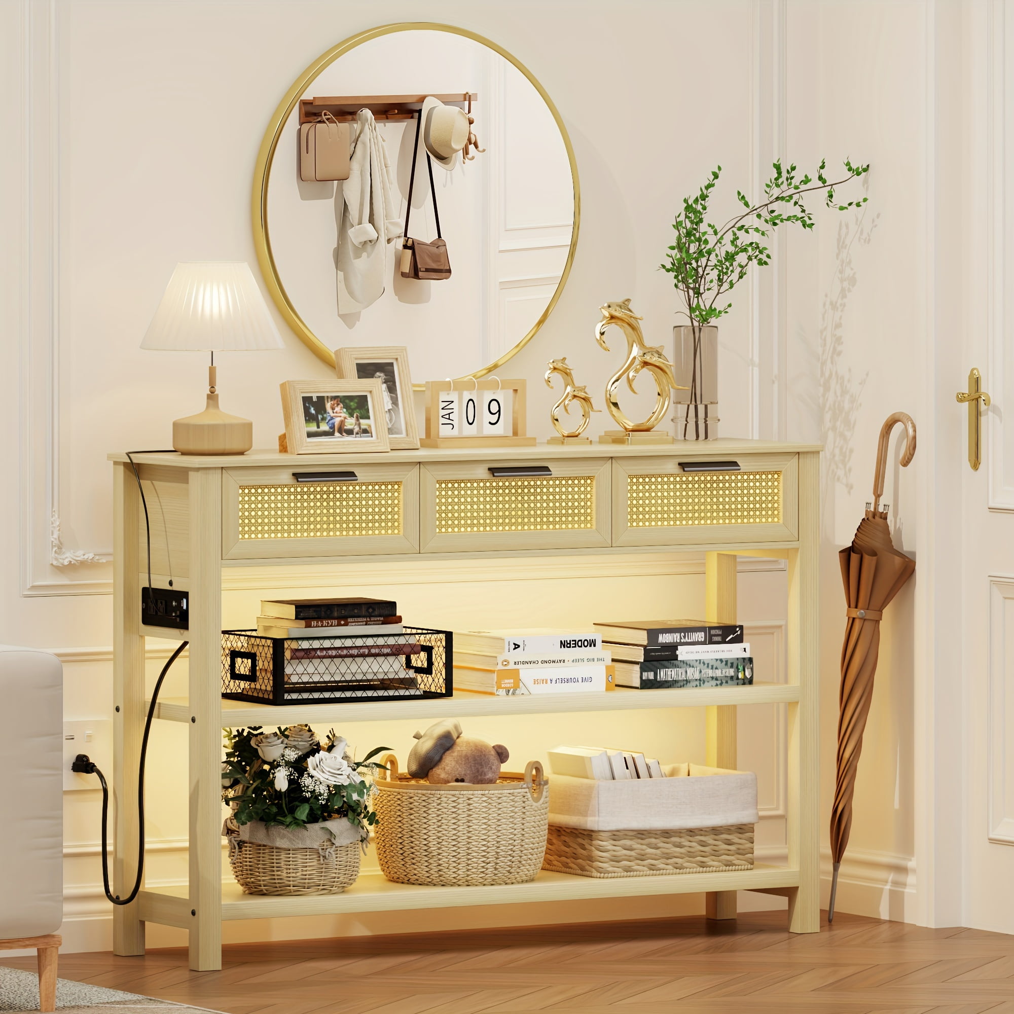 Rattan Console Table With Lights, Entryway Table With Outlet & Charging ...