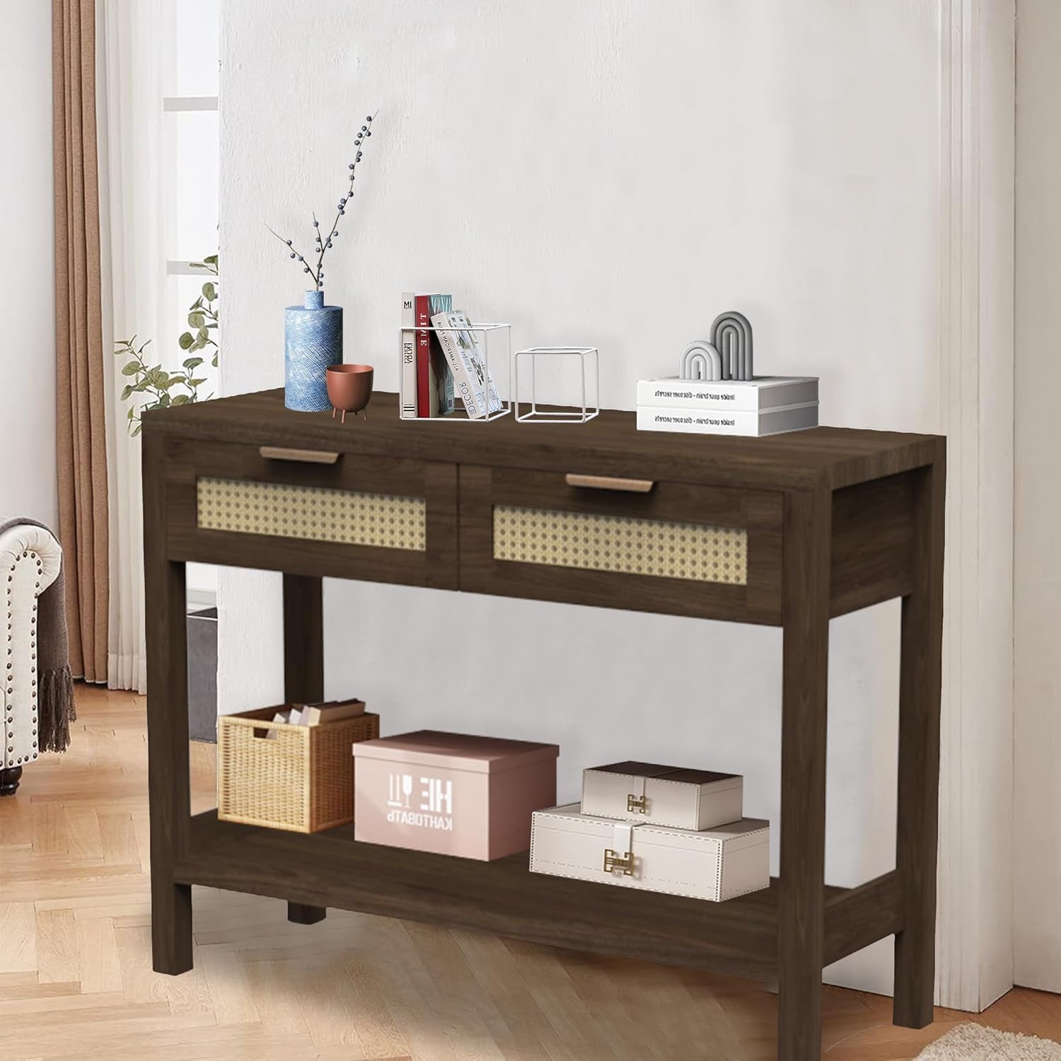 Rattan Console Table for Entryway, Boho Narrow Entry Tables with ...