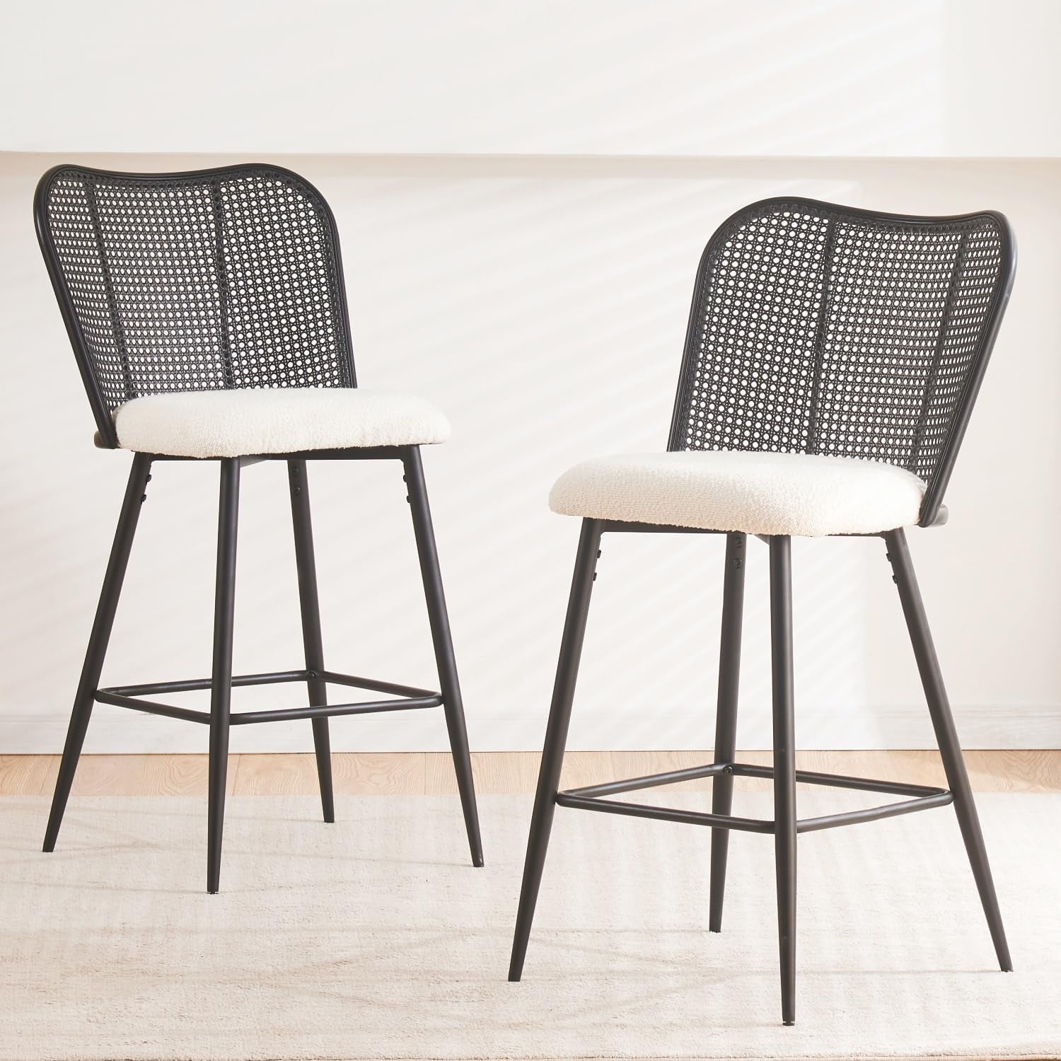 Rattan Counter Height Bar Stools, 26'' Modern Boucle Counter Stools ...