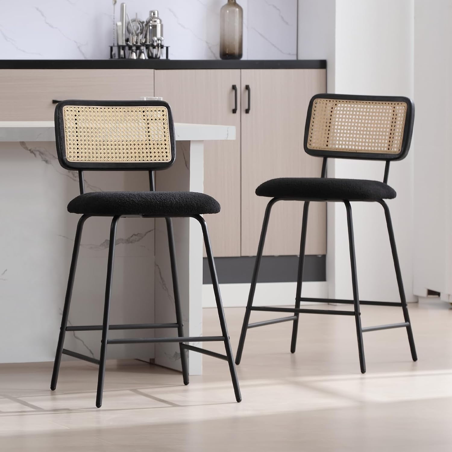 Rattan Counter Height Bar Stools, 26'' Modern Boucle Counter Stools ...