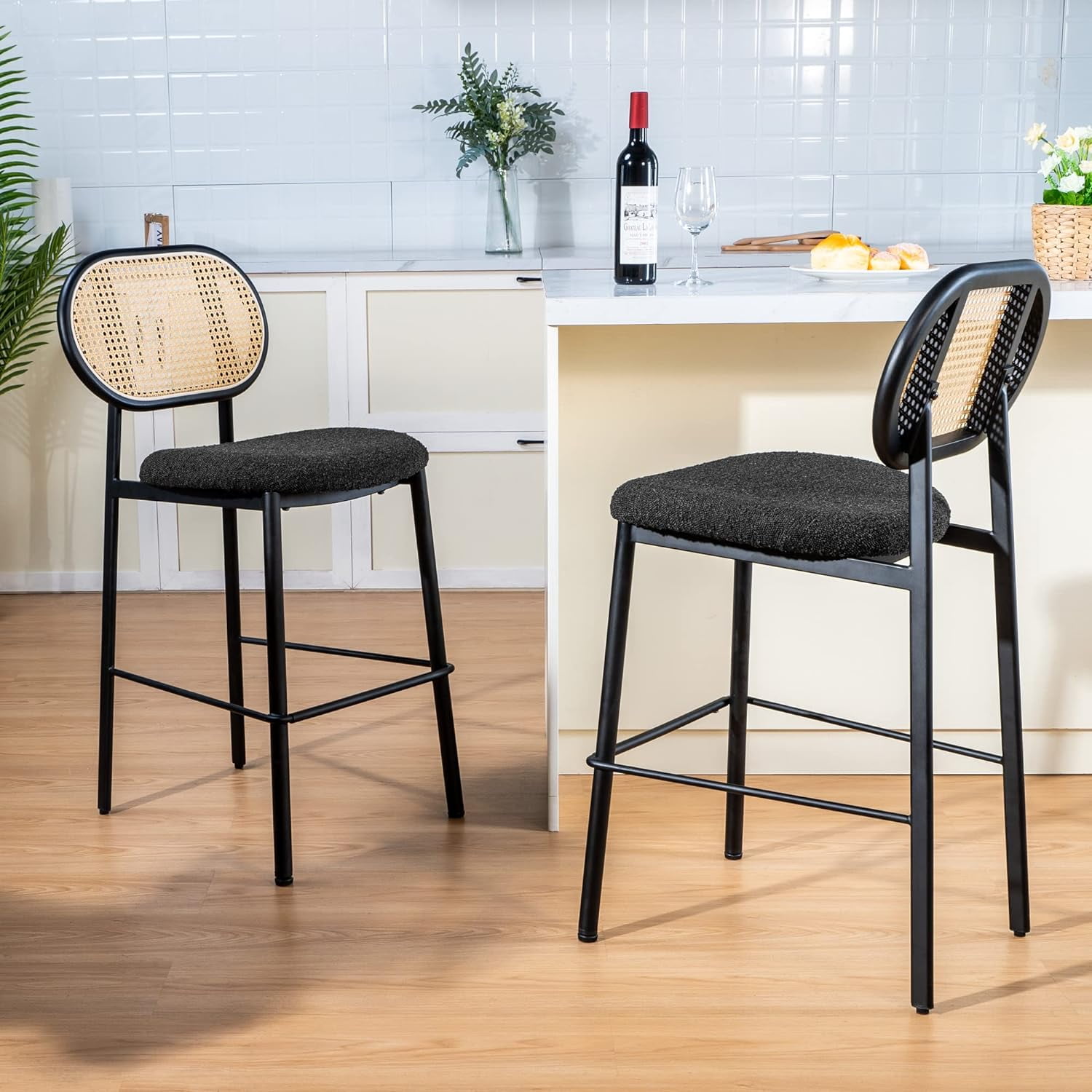 Rattan Counter Height Bar Stools Green Barstools with Cane Back Boho ...