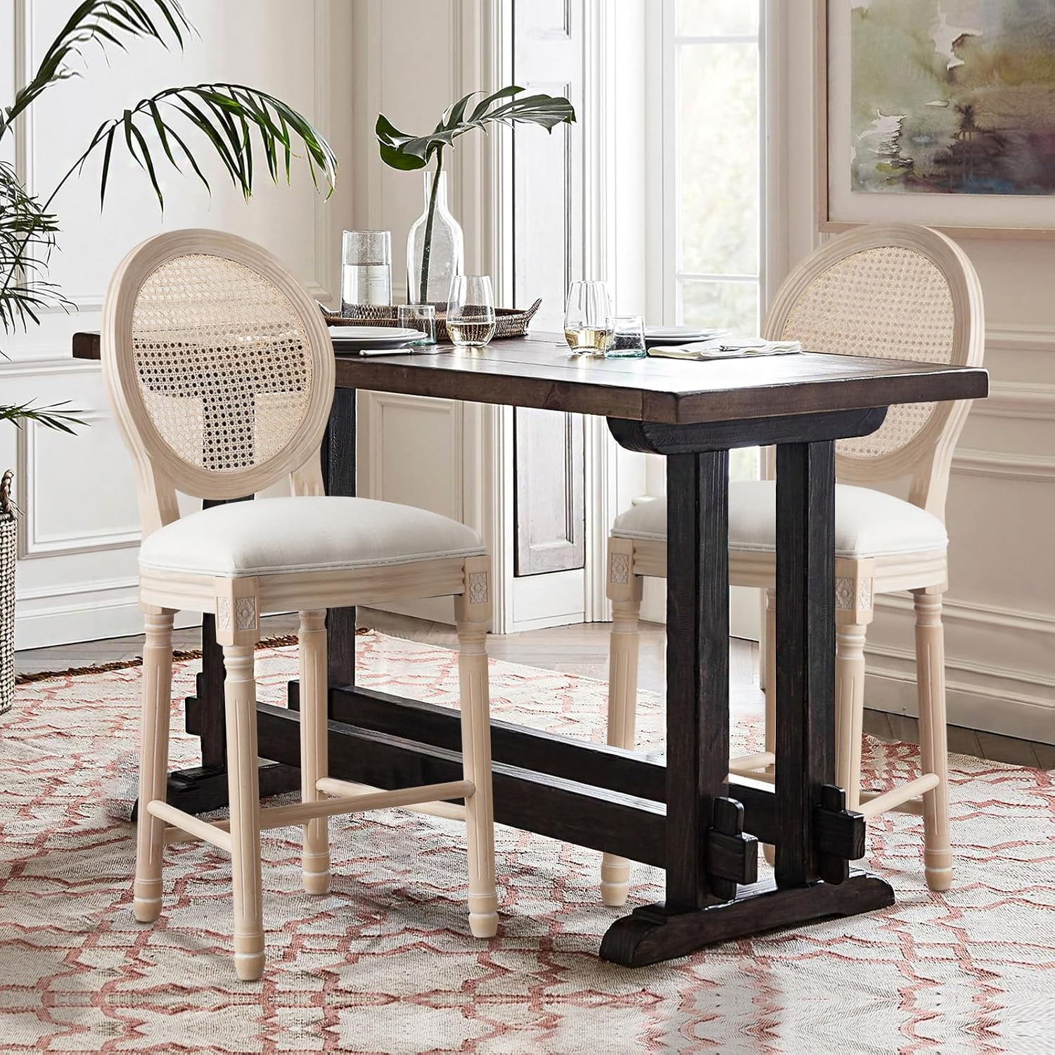 Rattan Counter Height Bar Stools Set of 2, 26" Linen Fabric Upholstered ...